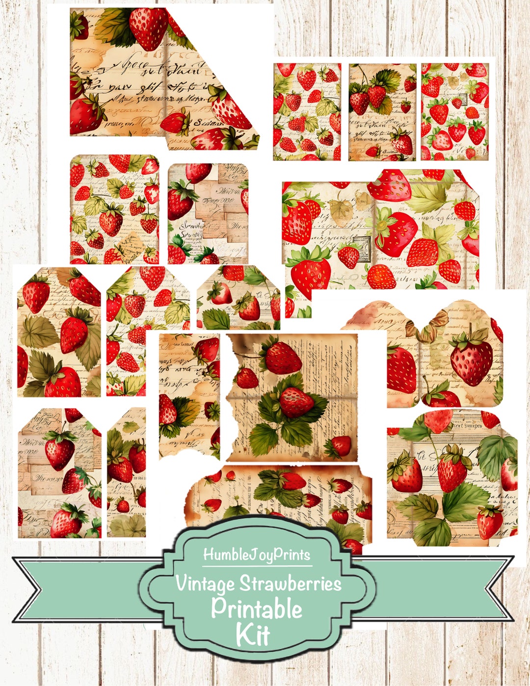 Vintage Strawberries Printable Kit, Junk Journal Kit, Shabby Chic ...