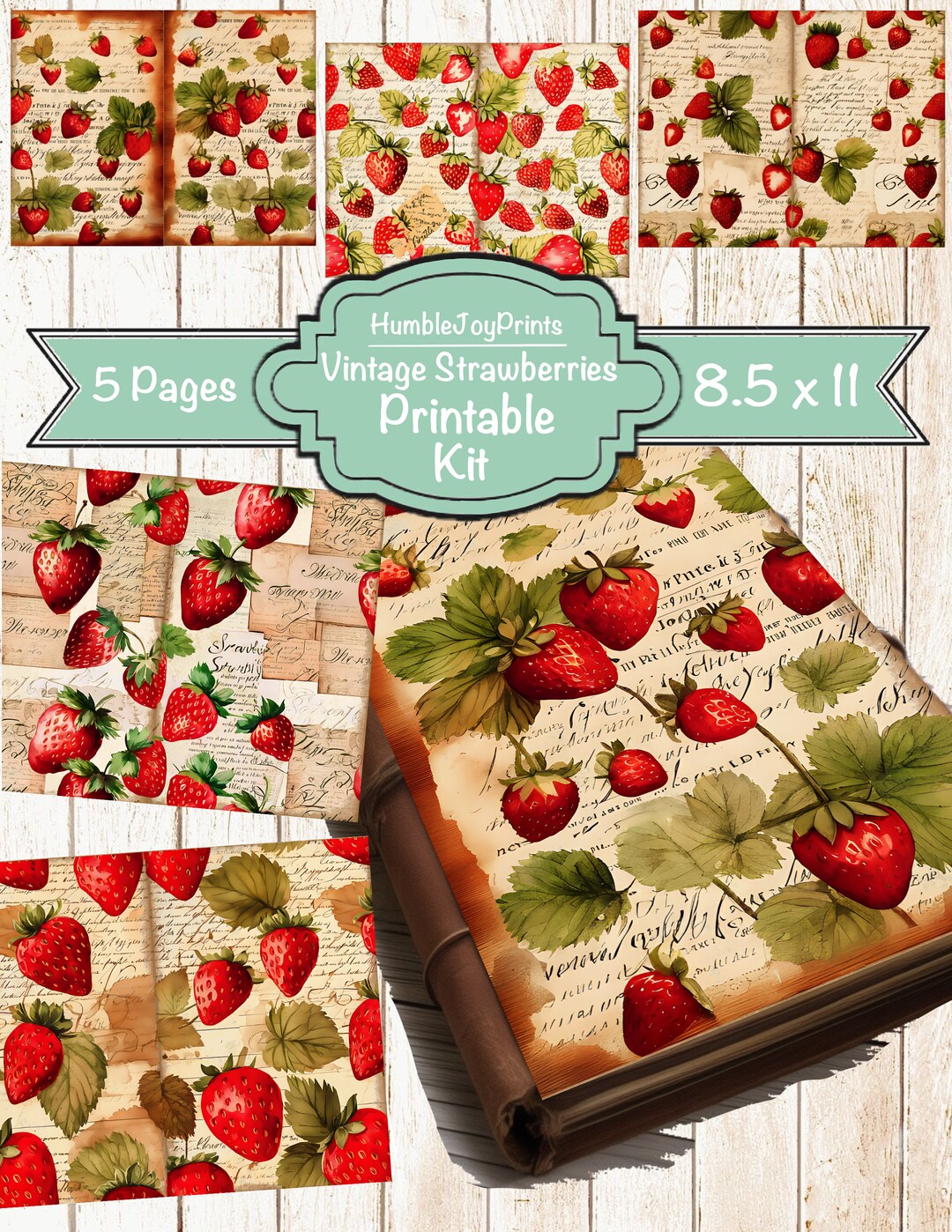 Vintage Strawberries Junk Journal Kit, Printable Kit, Shabby Chic ...