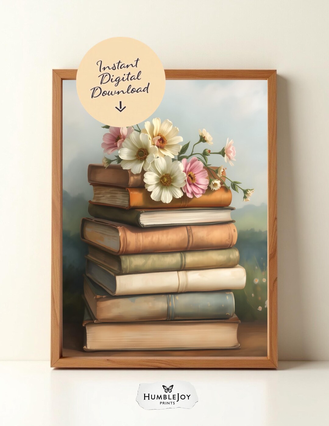 Vintage Book Stack Oil Painting Instant Download Printable | Spring Art ...