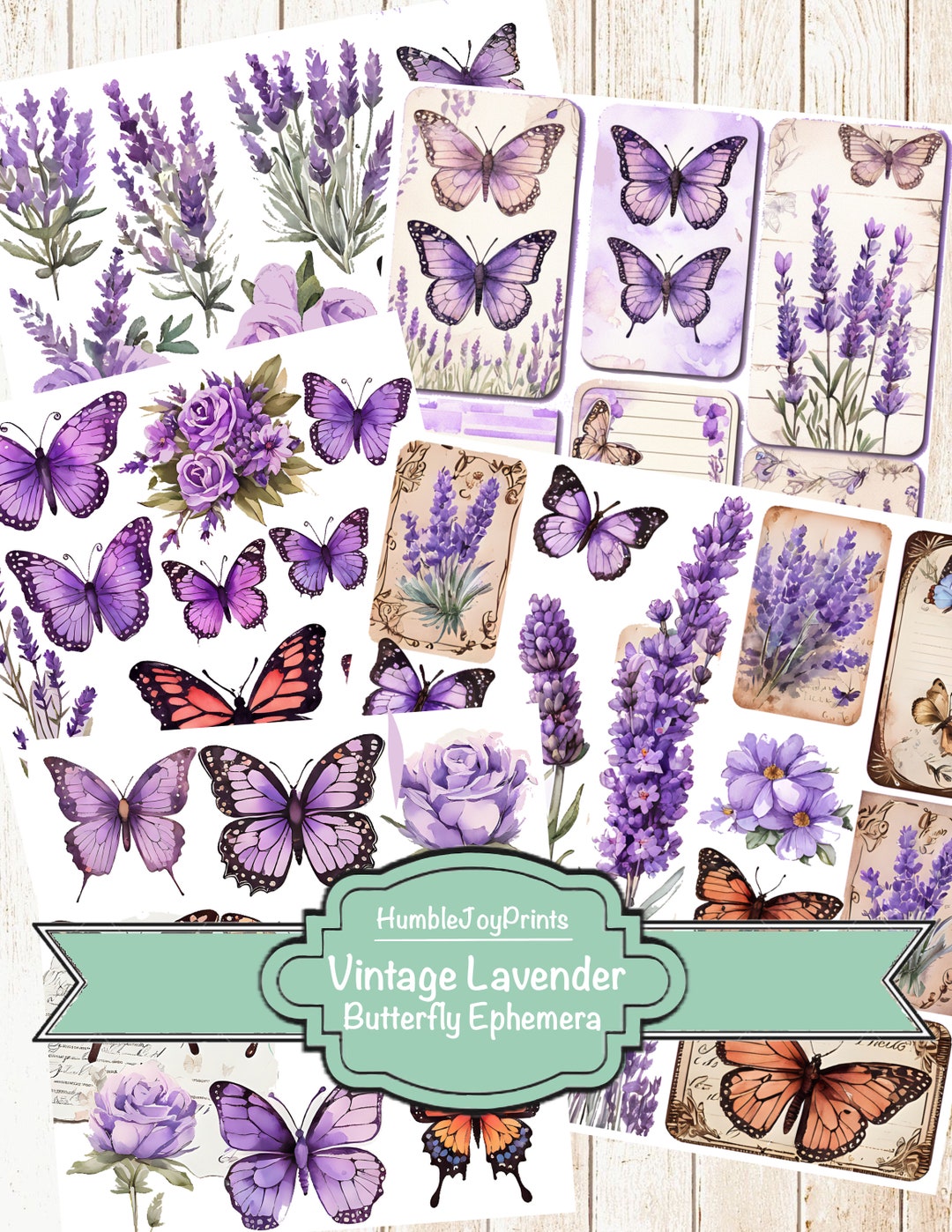 Vintage Lavender Butterfly Ephemera, Printable Kit, Tags, Junk Journal ...