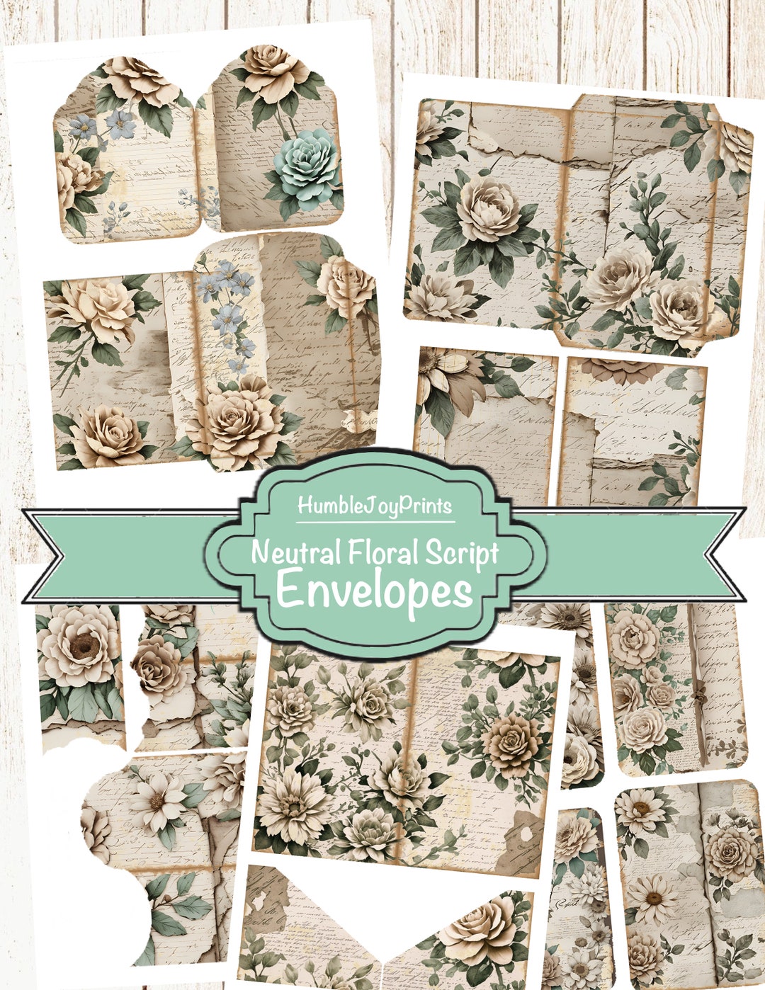 Neutral Floral Envelopes Printable Kit, Junk Journal Kit, Shabby Chic ...