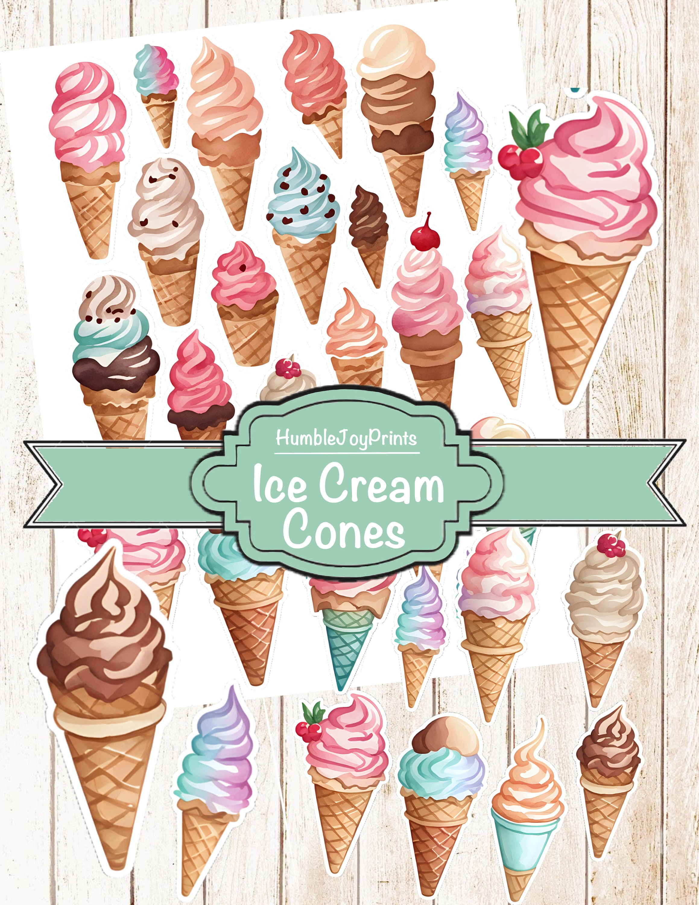 Ice Cream Cones Printable, Planner, Cards, Junk Journal, Scrapbook ...