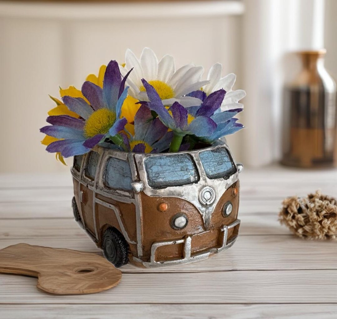 Beige/brown VW Bus Planter, Peace Bus, Distressed Planter, Vw, Vintage ...