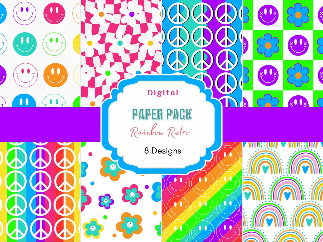 Rainbow Retro Digital Paper Pack | Groovy Digital Paper | Retro Digital ...