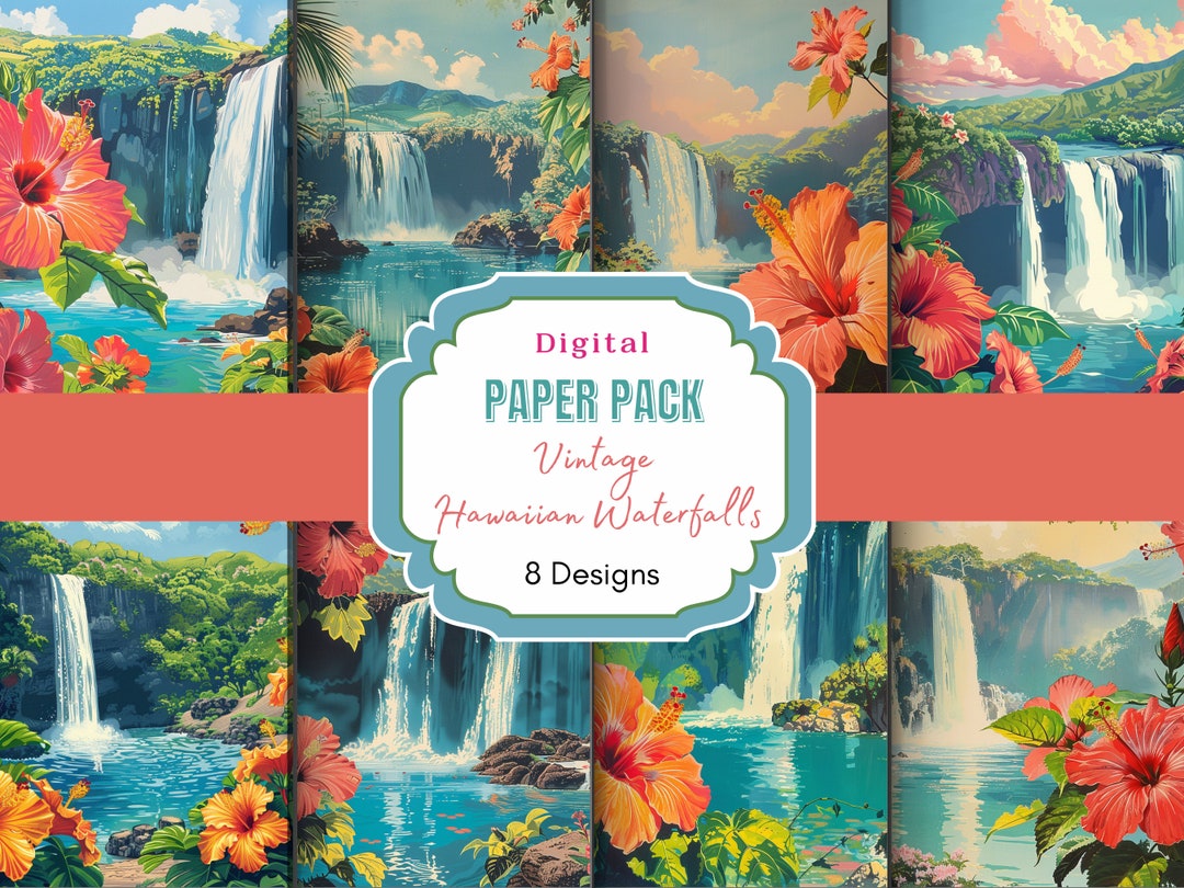 Vintage Hawaiian Tropical Waterfall Digital Paper | Instant Digital ...