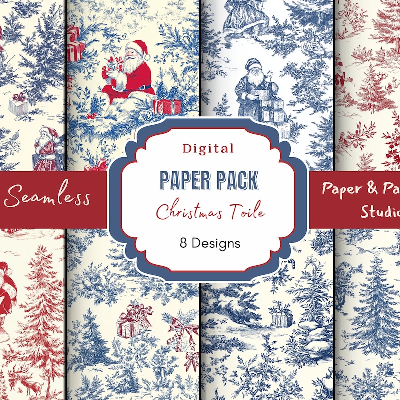 Blue and Red Christmas Toile - Etsy