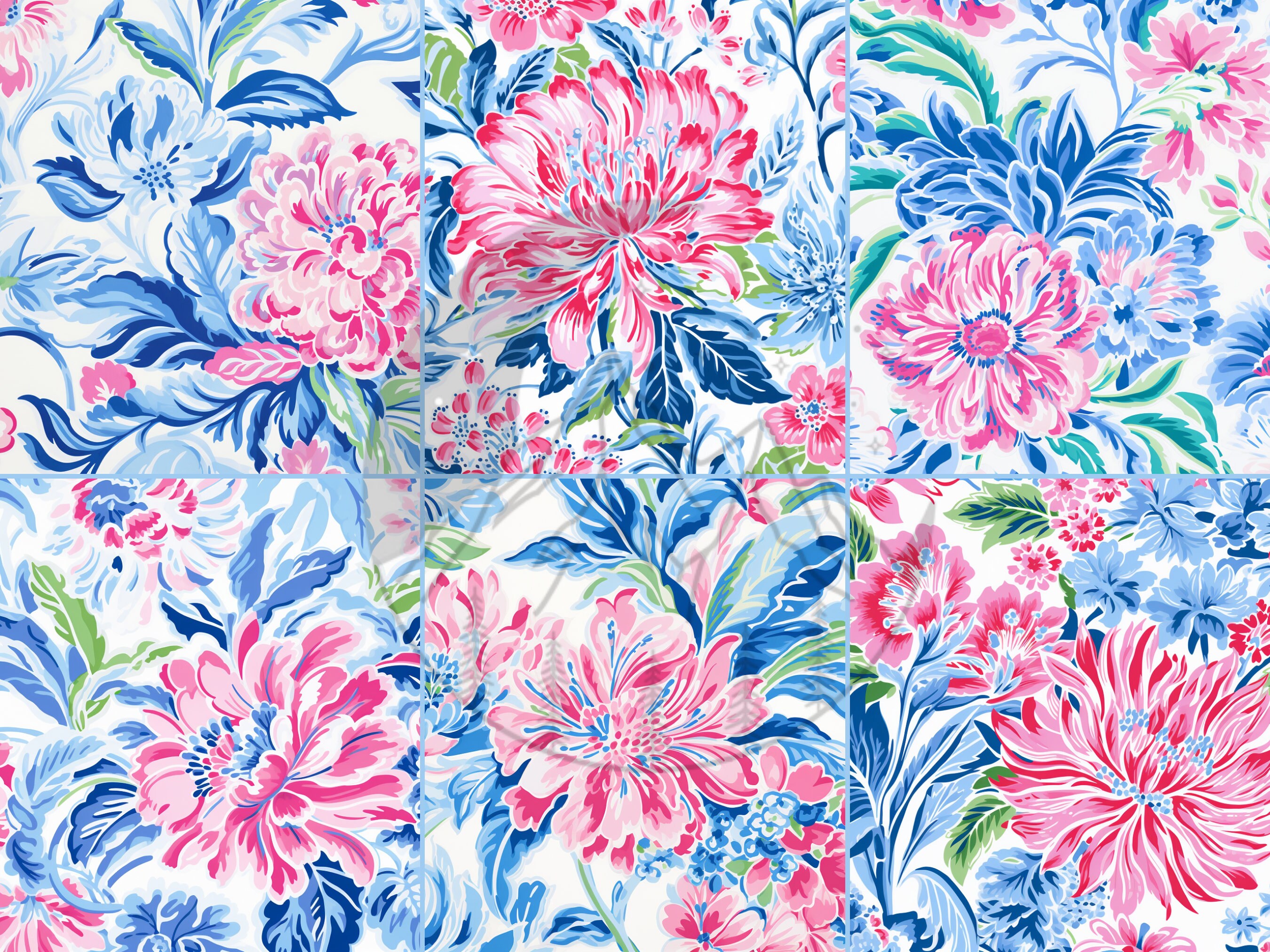 Preppy Pink and Blue Flowers Digital Paper | Floral Pattern | Instant ...