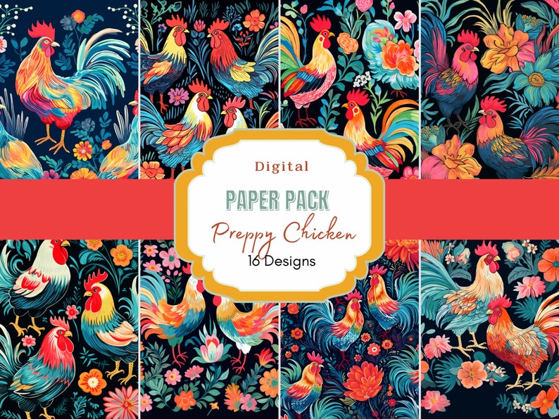 Preppy Chicken Digital Paper Pack Commercial Use Farm Animal Pattern ...