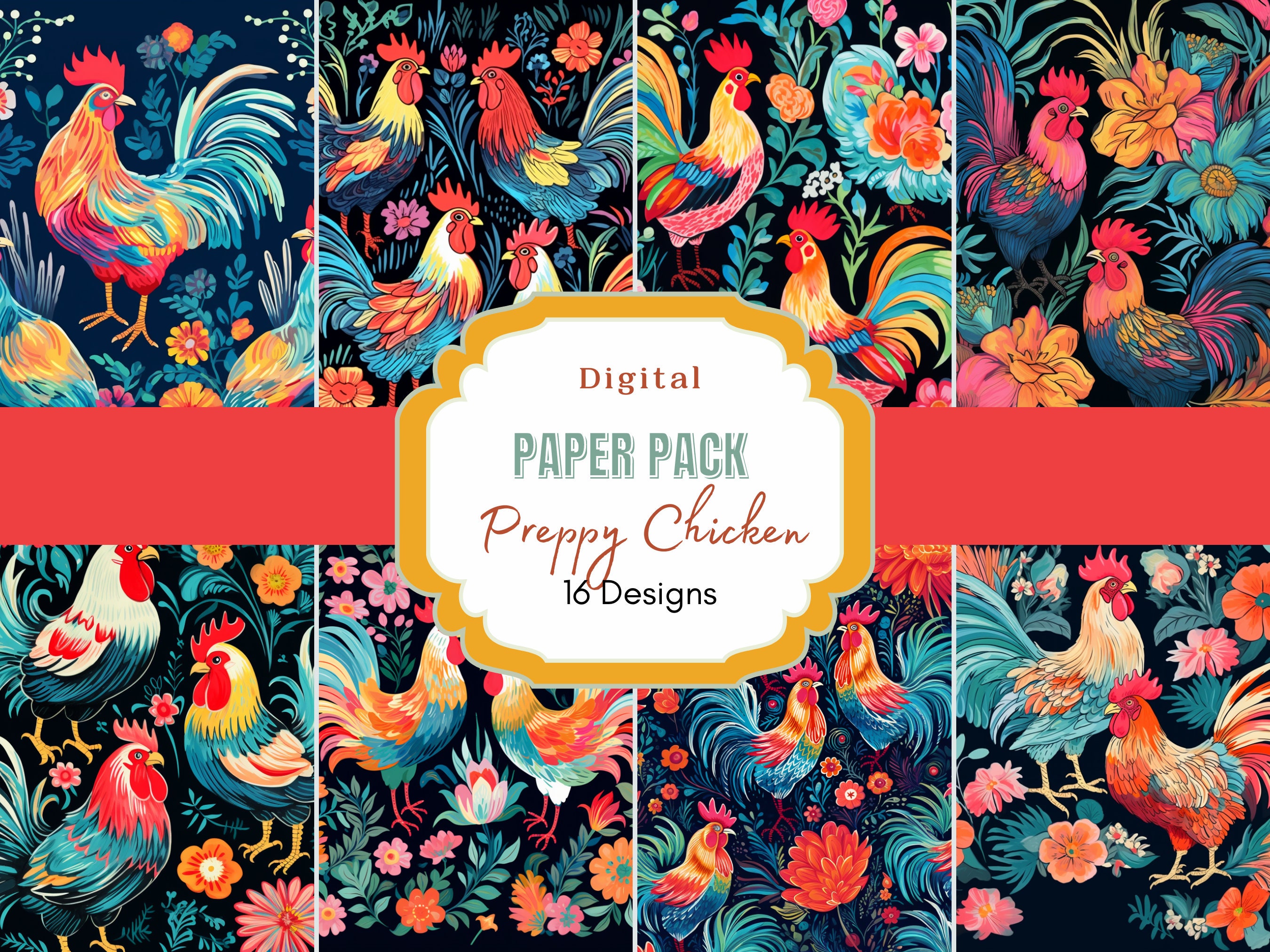 Preppy Chicken Digital Paper Pack Commercial Use Farm Animal Pattern ...