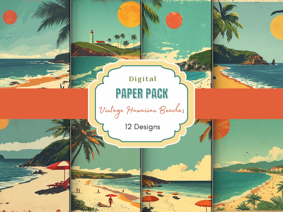 Vintage Hawaiian Beaches Digital Paper | Hawaiian Art | Vintage Summer ...
