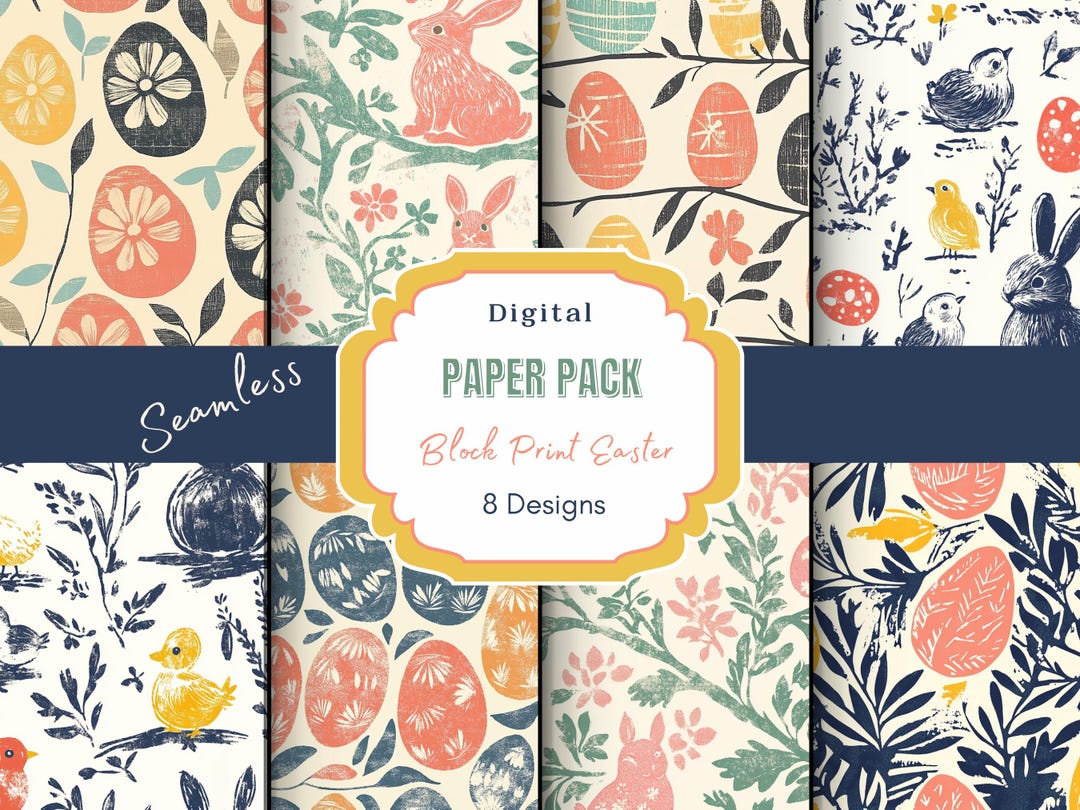 Block Print Easter Digital Paper, Printable Spring Patterns for ...