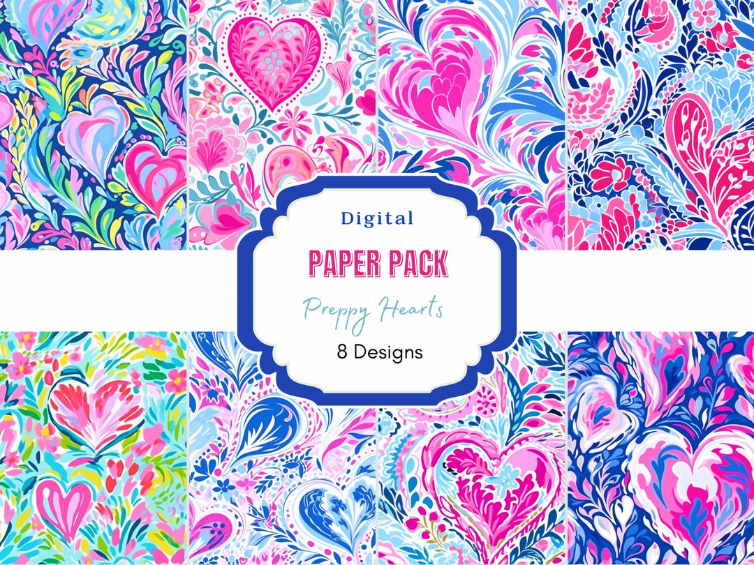 Preppy Watercolor Heart Digital Paper Pack | Heart Digital Paper| Heart ...