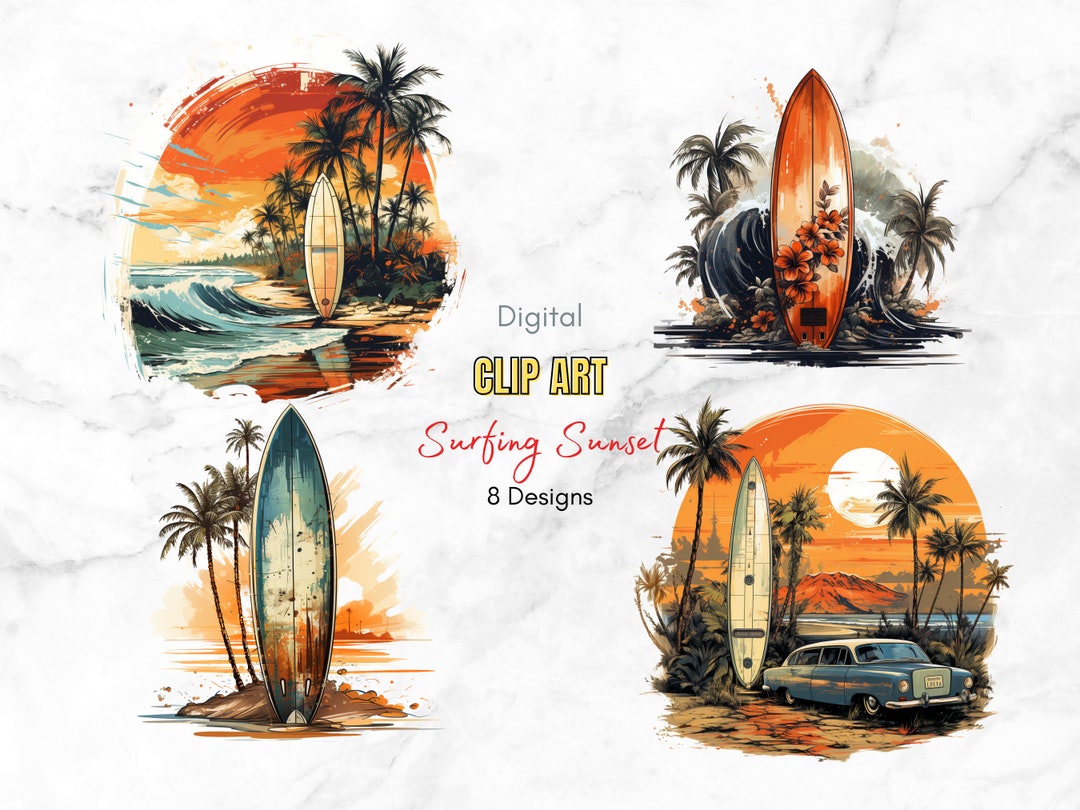 Vintage Surfing Sunset Clip Art| Palm Tree Sunset | Beach Scene ...