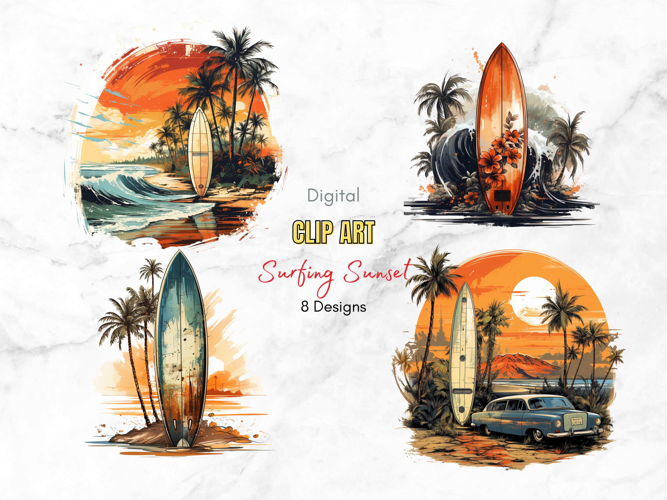 Vintage Surfing Sunset Clip Art| Palm Tree Sunset | Beach Scene ...
