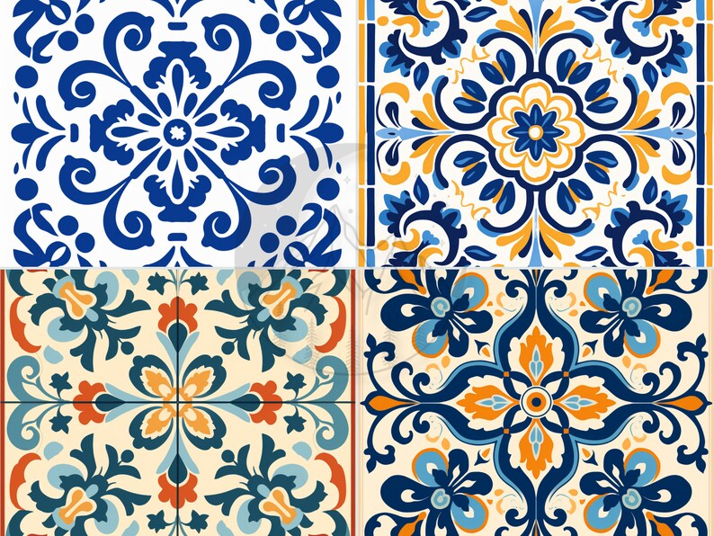 Spanish Tiles Digital Paper Blue and White Tile Seamless Spanish Tile ...