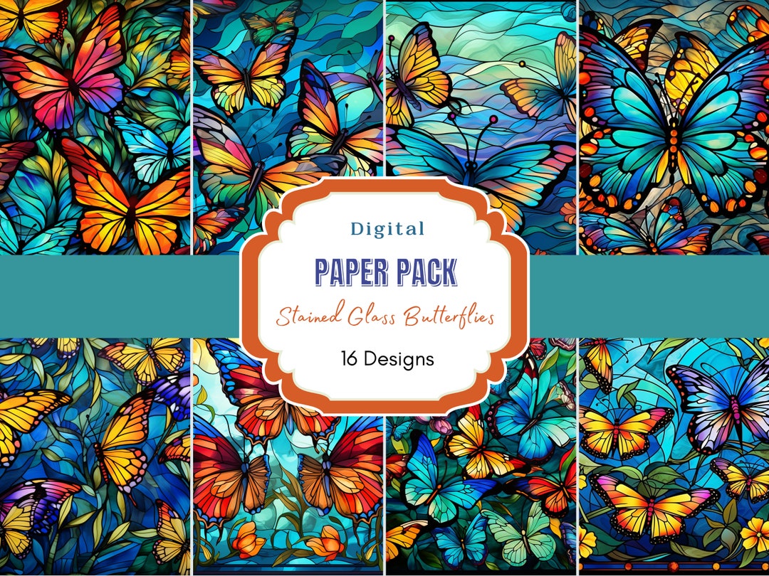 Stained Glass Butterflies Digital Paper Pack, Scrapbook Papers, Stain ...