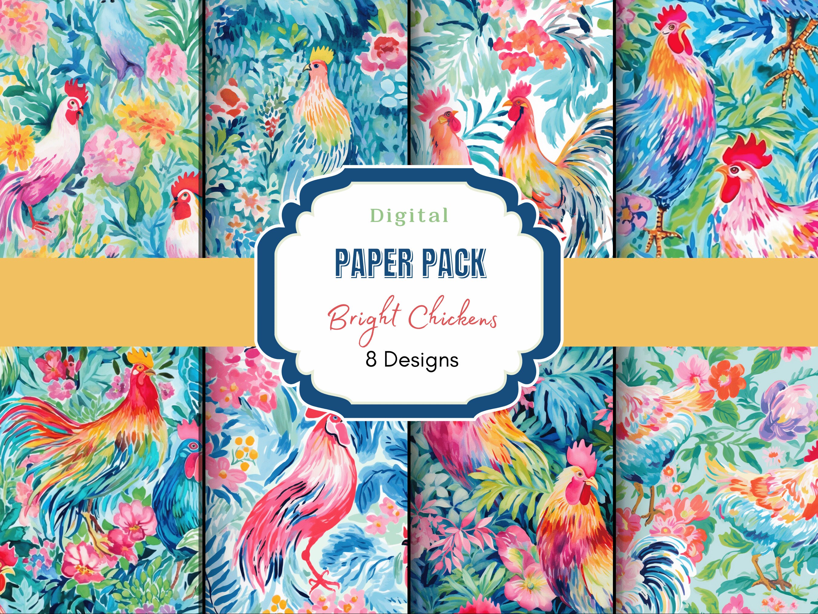 Bright Chickens Digital Scrapbooking Paper Pack Chicken Paper ...