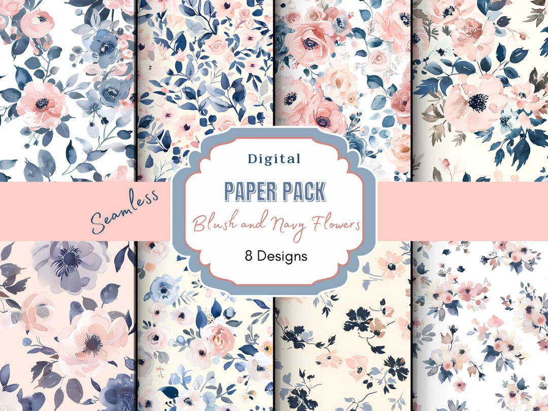 Blush and Navy Floral Digital Download - Seamless Patterns for Wedding ...