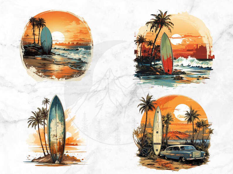 Vintage Surfing Sunset Clip Art| Palm Tree Sunset | Beach Scene ...