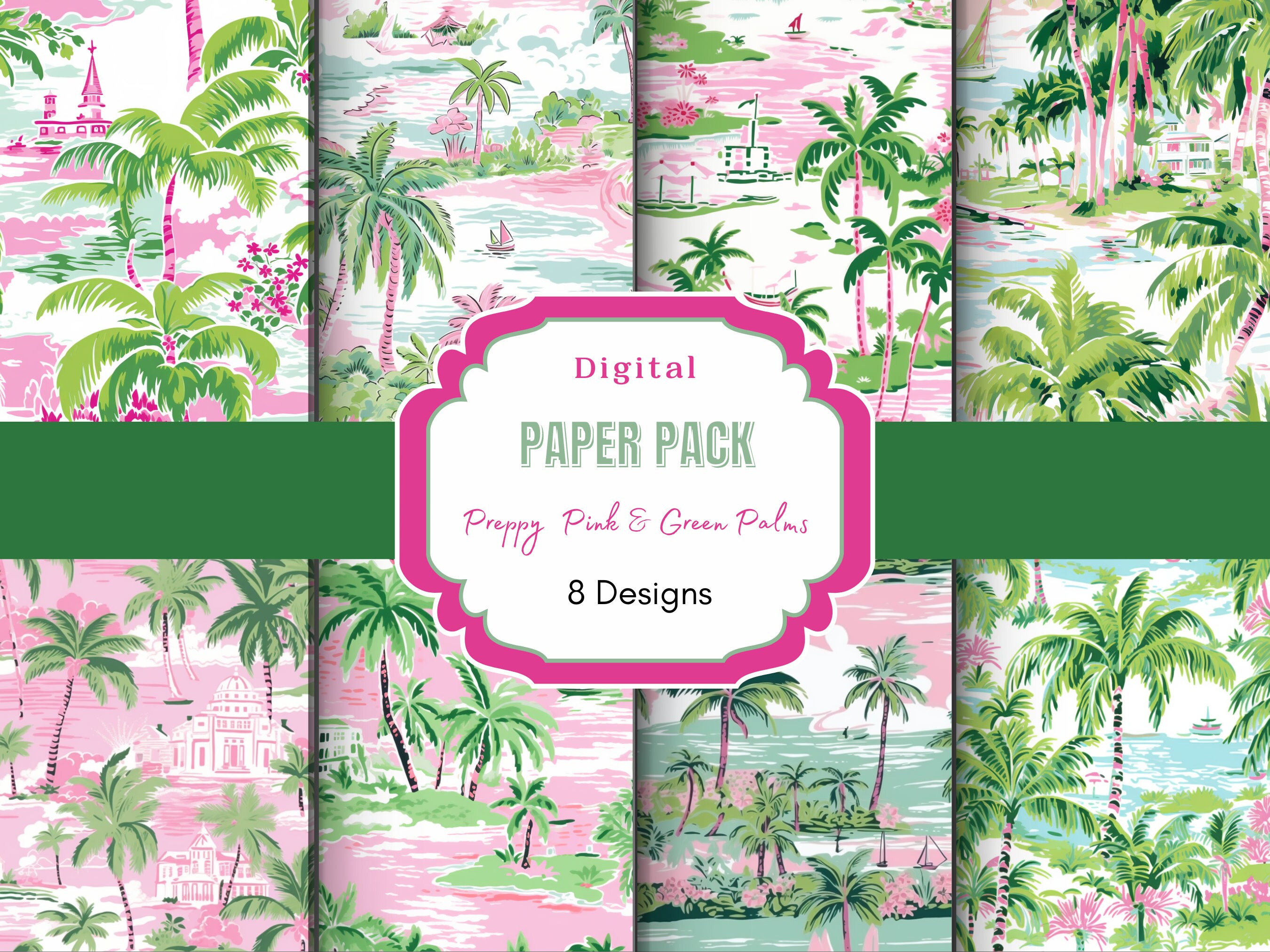 Preppy Pink and Green Palm Digital Paper Palm Beach Pattern Pink ...