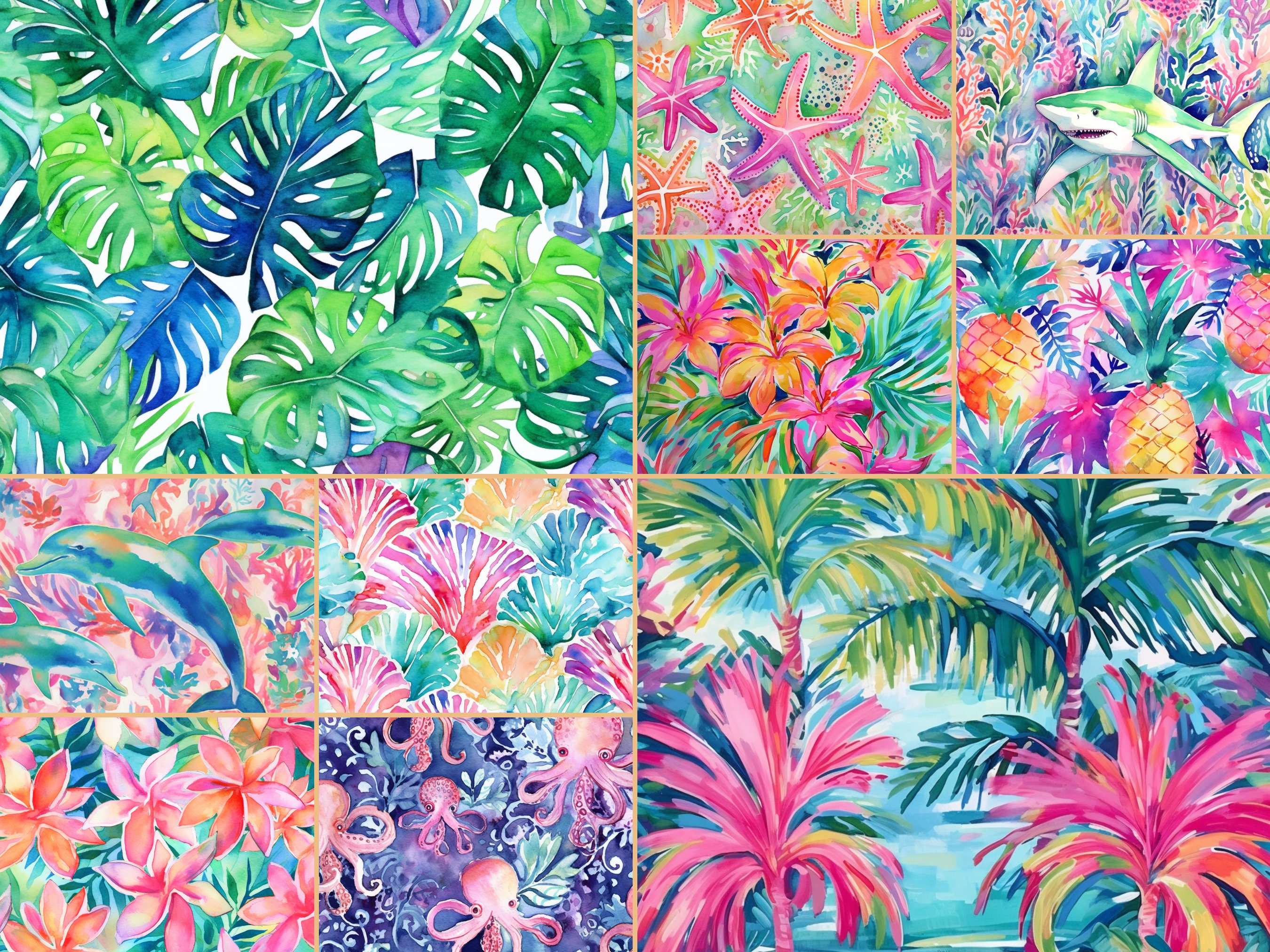 Watercolor Tropical Digital Paper Pack Digital Paper Hawaiian Tropical ...