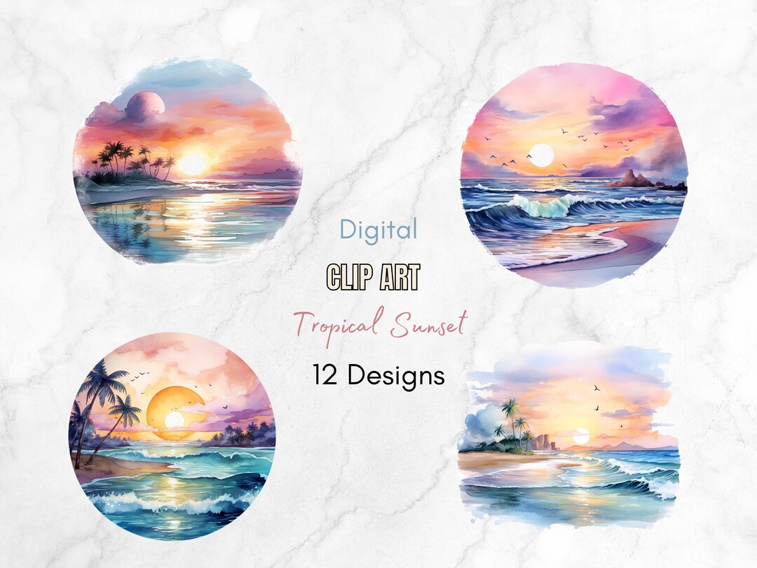 Watercolor Tropical Sunset Digital Paper | Hawaiian Print | Digital ...