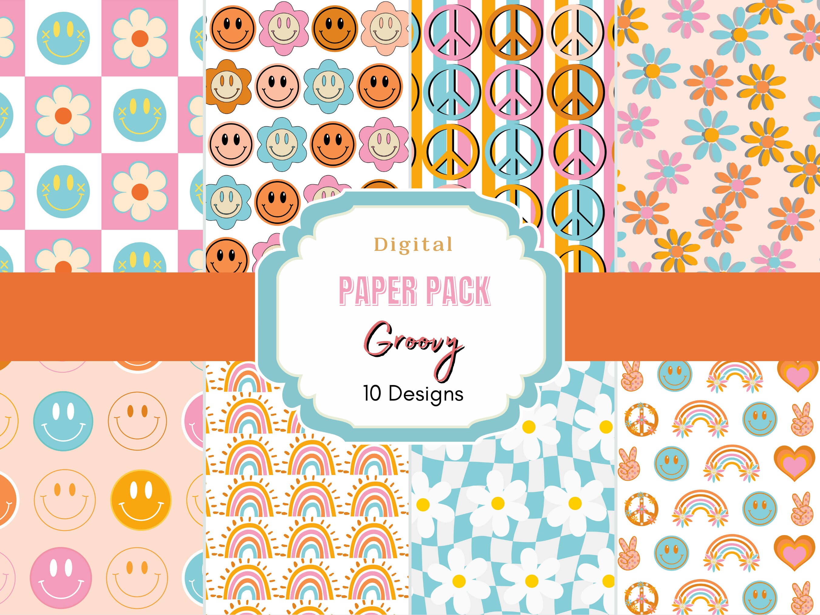 Groovy Digital Paper Pack Commercial Use Retro Digital Paper Scrapbook ...