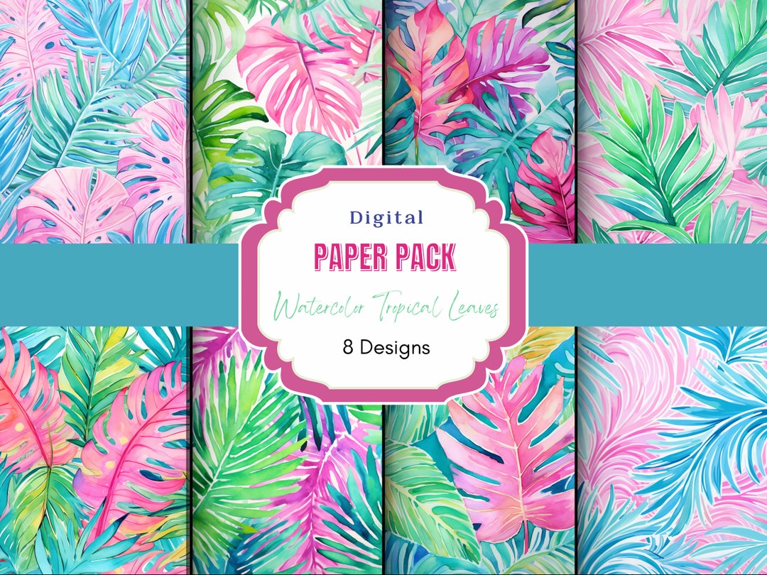 Watercolor Tropical Palm Leaves Digital Paper Pack | Commercial Use ...