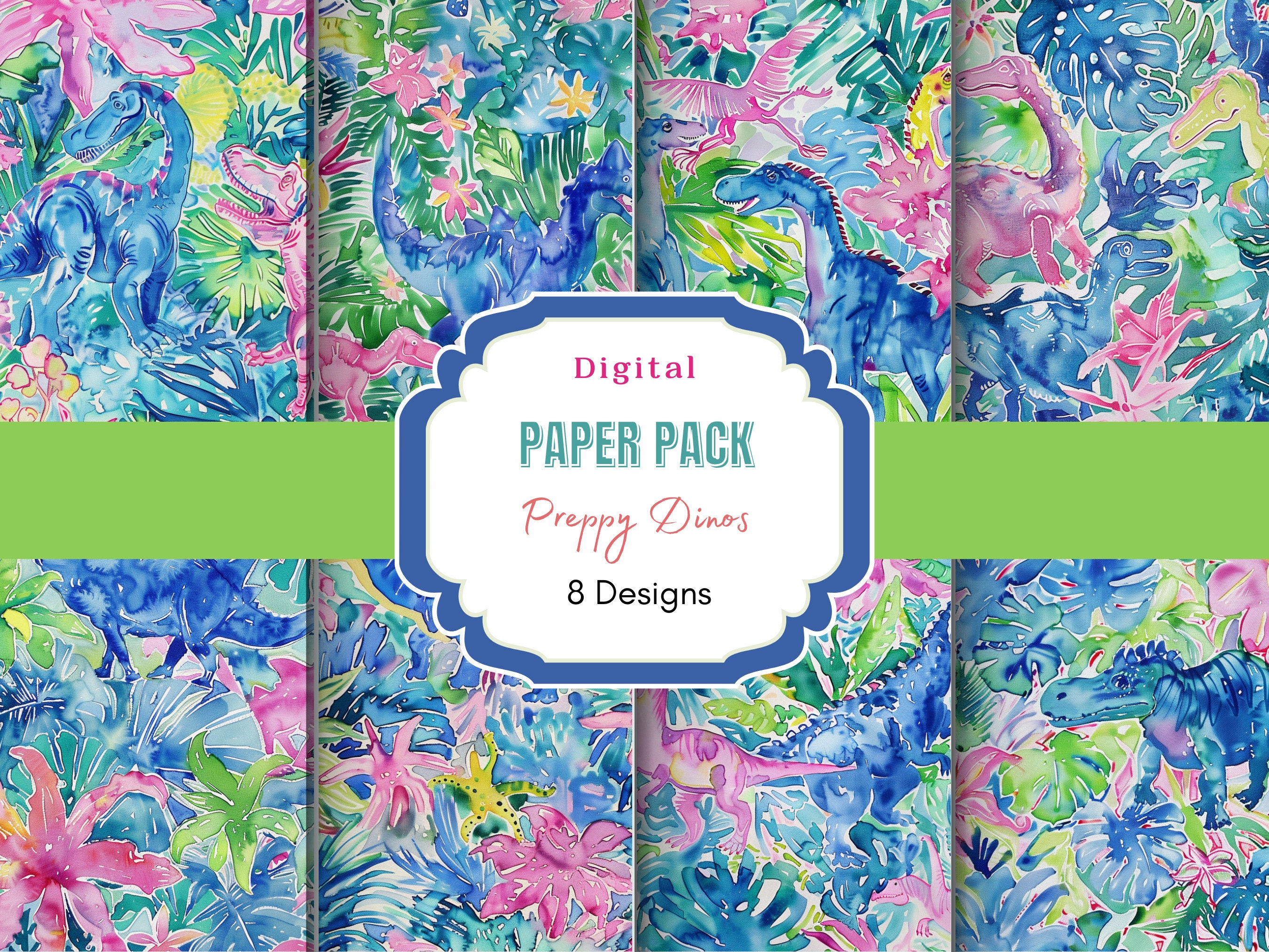 Preppy Watercolor Dinosaurs Digital Paper commercial Use Digital ...