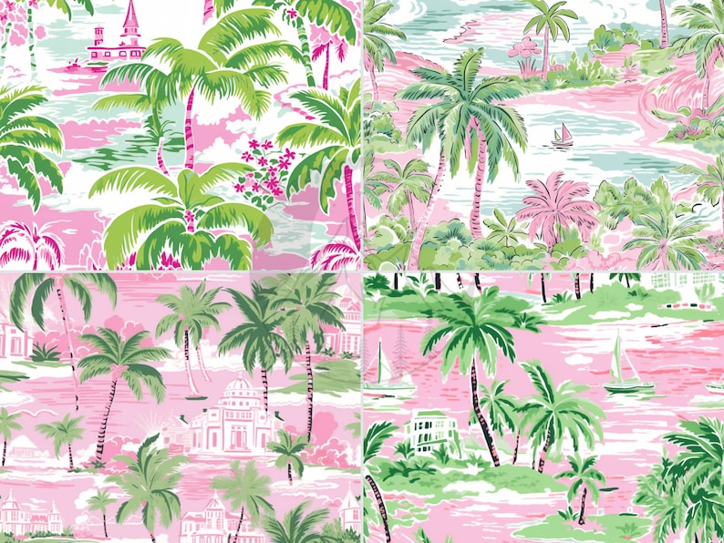 Preppy Pink and Green Palm Digital Paper Palm Beach Pattern Pink ...