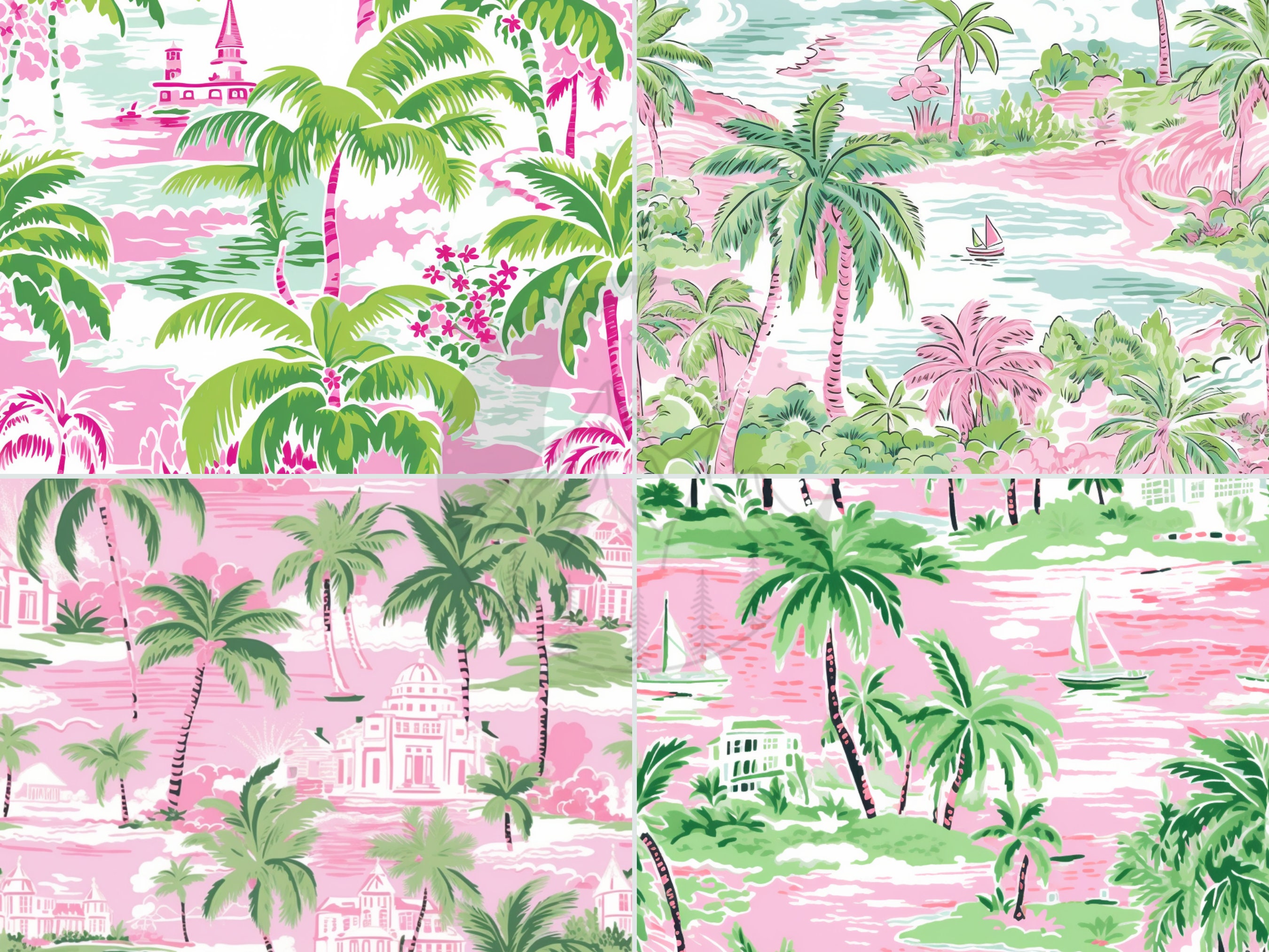 Preppy Pink and Green Palm Digital Paper Palm Beach Pattern Pink ...