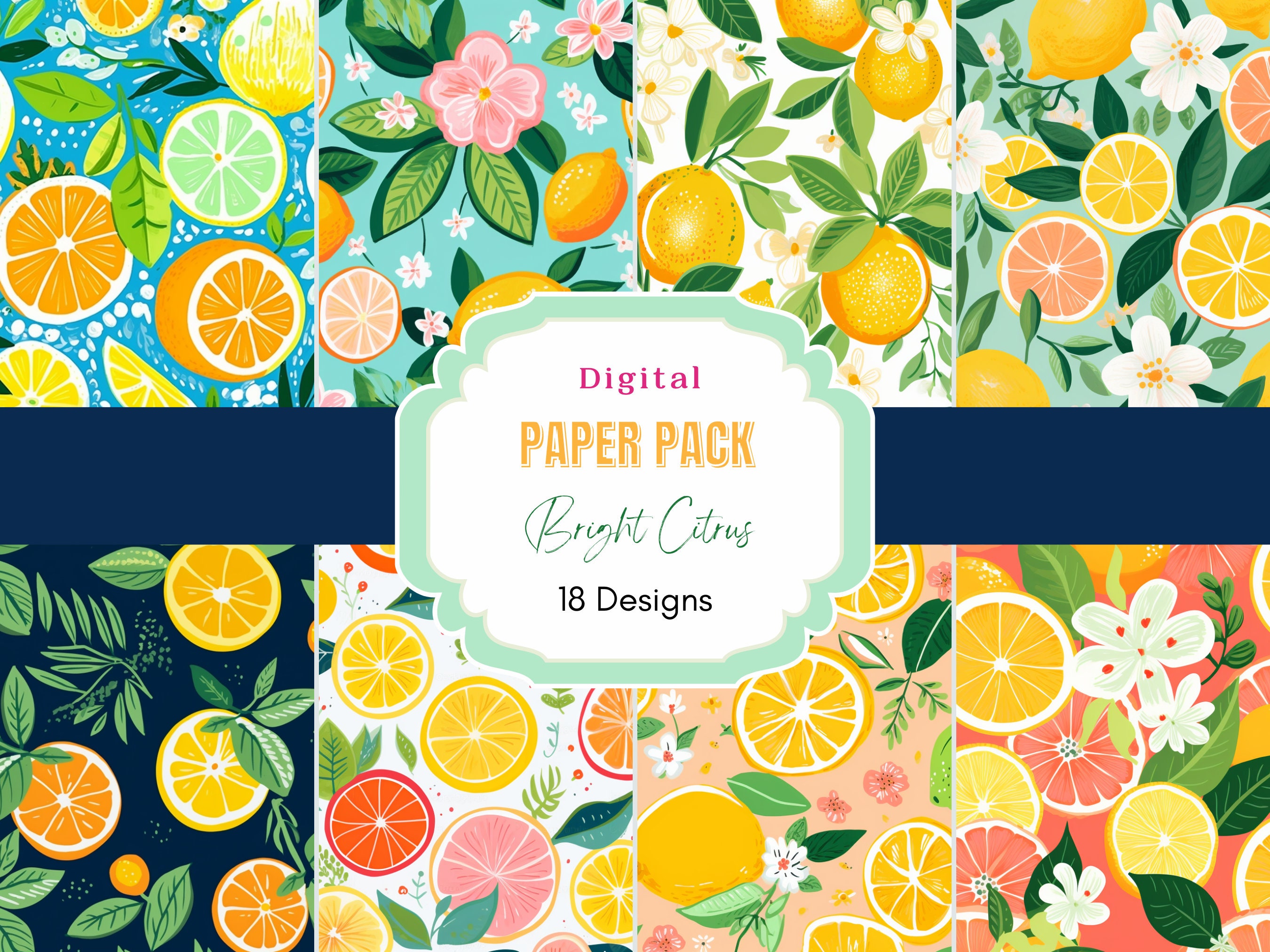 Citrus Digital Paper Pack Commercial Use Lemon Print Lemons Summer ...