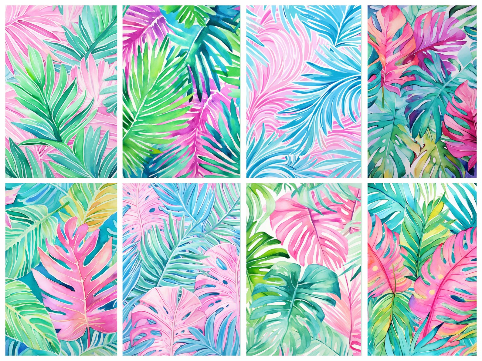Watercolor Tropical Palm Leaves Digital Paper Pack Commercial Use ...