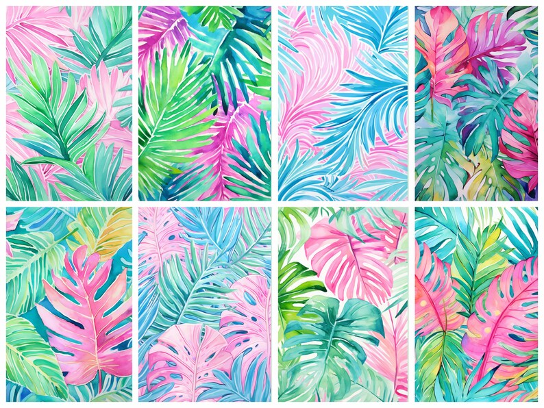 Watercolor Tropical Palm Leaves Digital Paper Pack | Commercial Use ...