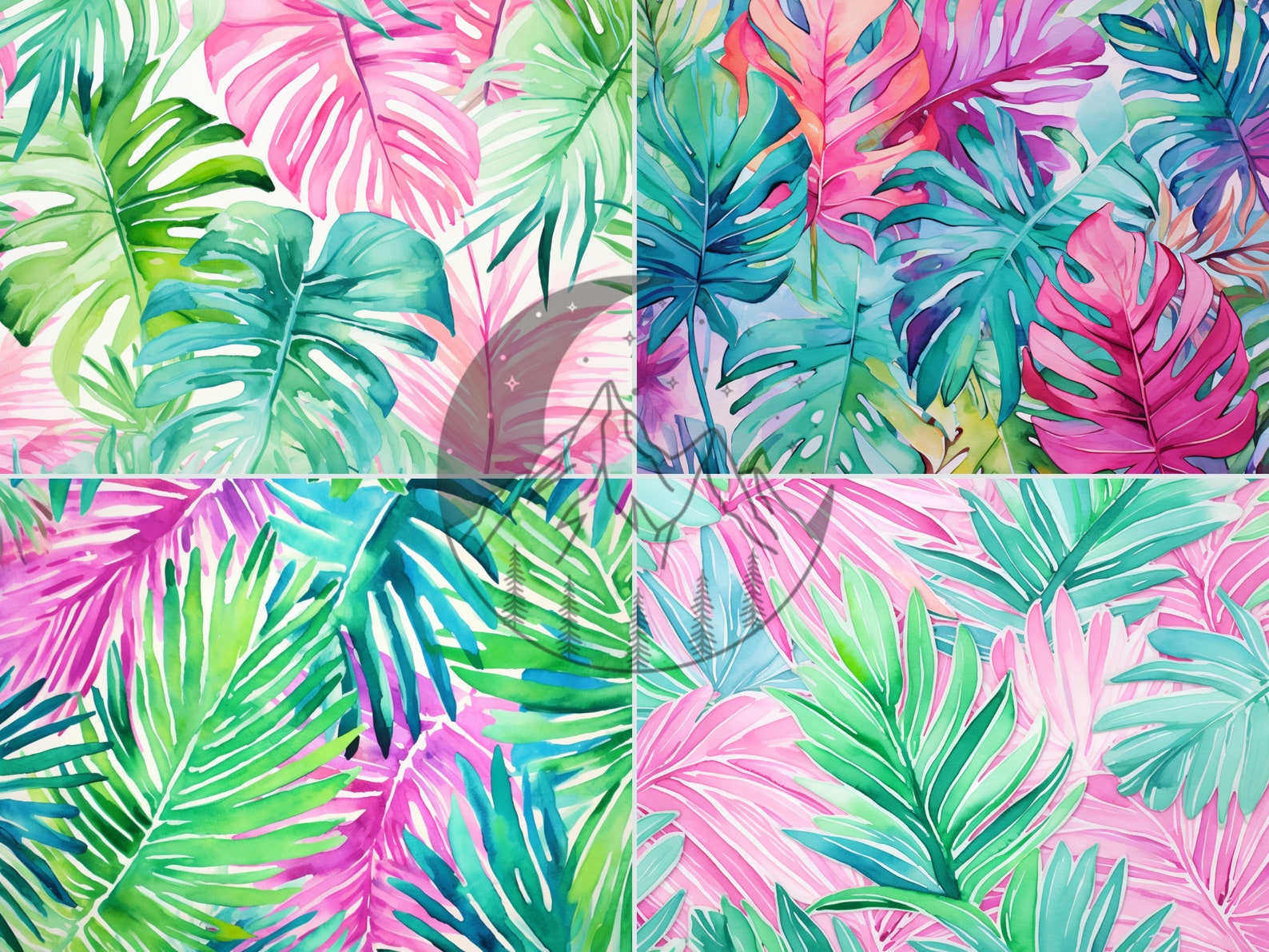 Watercolor Tropical Palm Leaves Digital Paper Pack Commercial Use ...