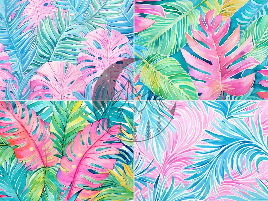 Watercolor Tropical Palm Leaves Digital Paper Pack Commercial Use ...