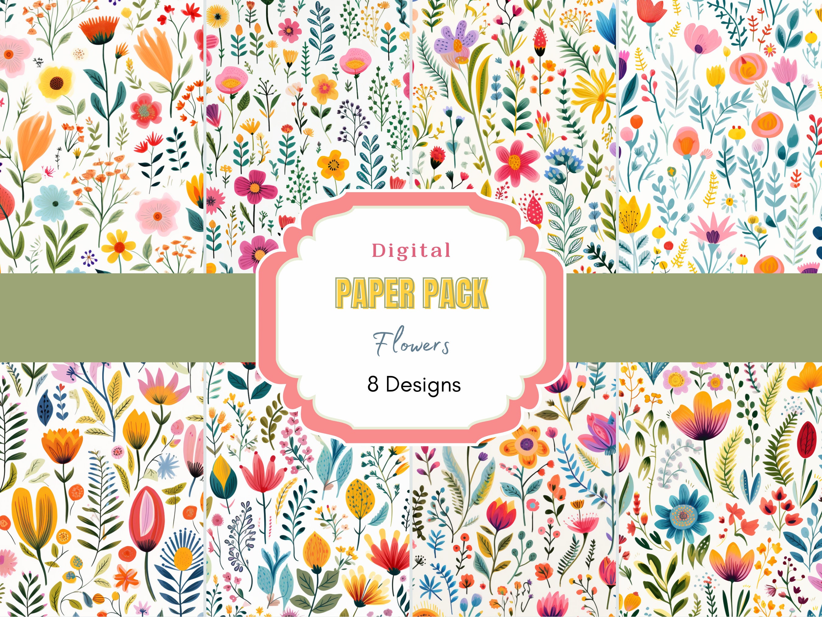 Flowers Digital Paper Wild Flowers Floral Pattern Printable Paper Set ...