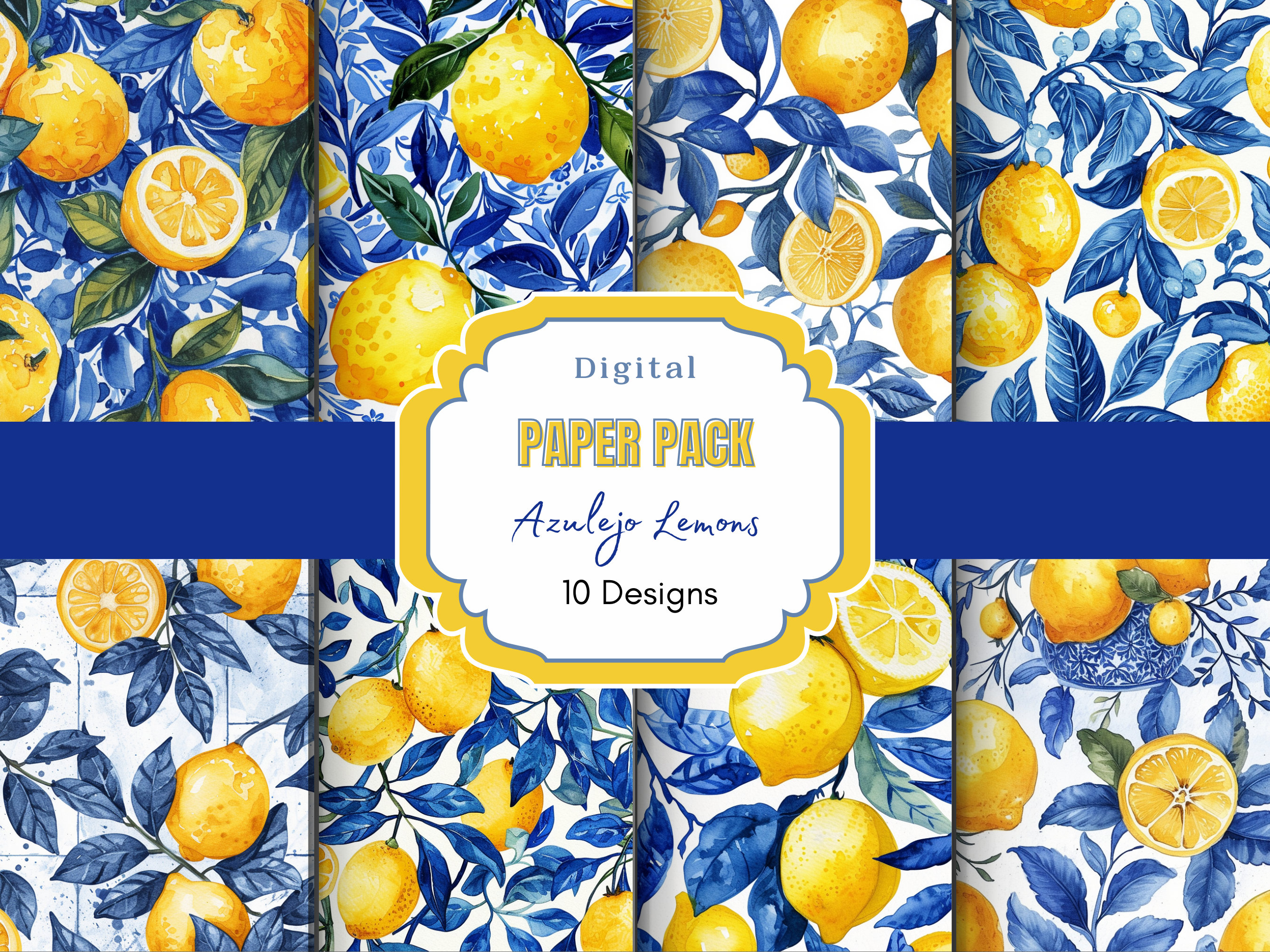 Azulejo Lemons Digital Paper |mediterranean Lemon| Citrus Paper ...