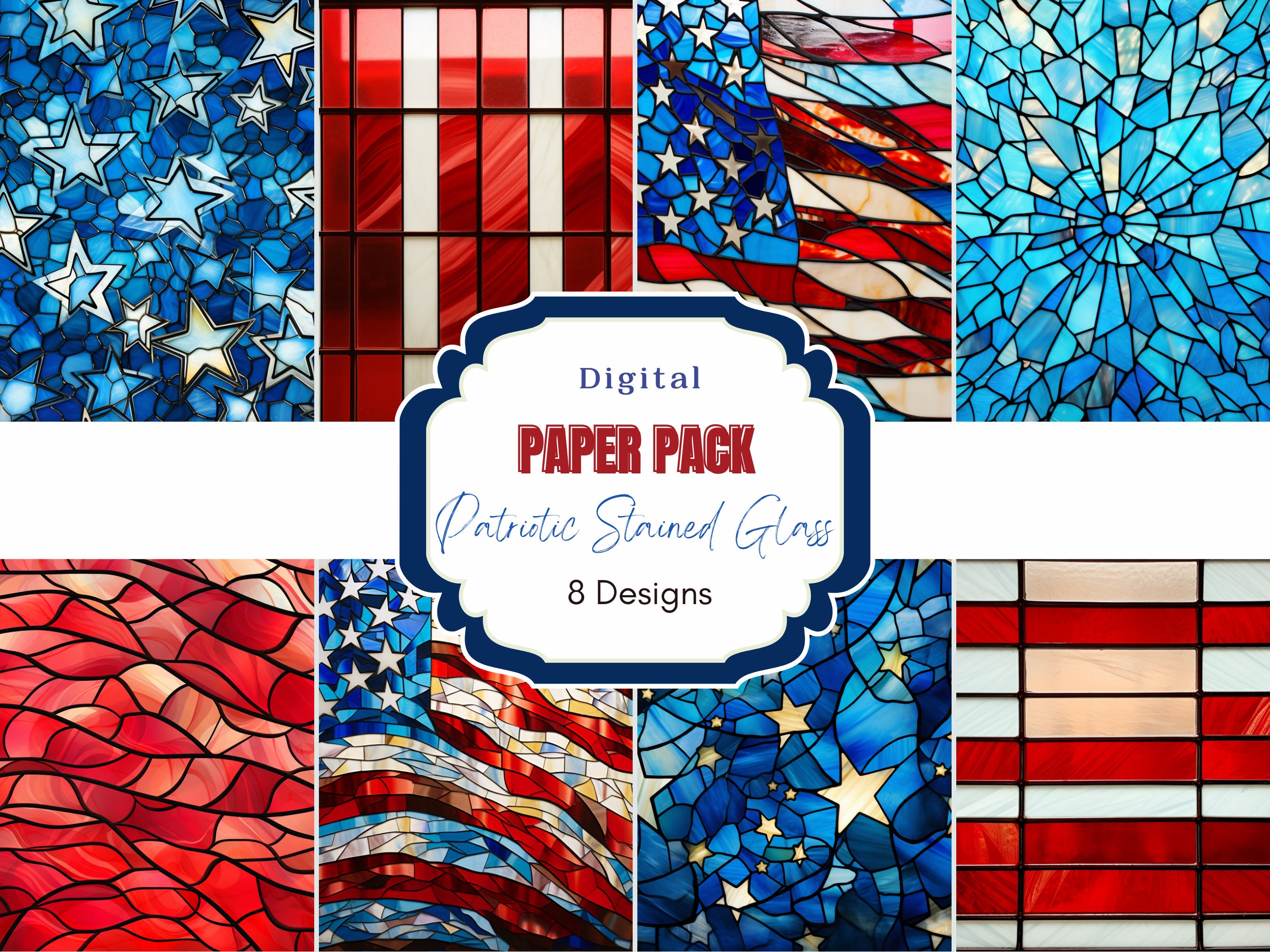Patriotic Stained Glass Digital Paper Pack Commercial Use - Etsy