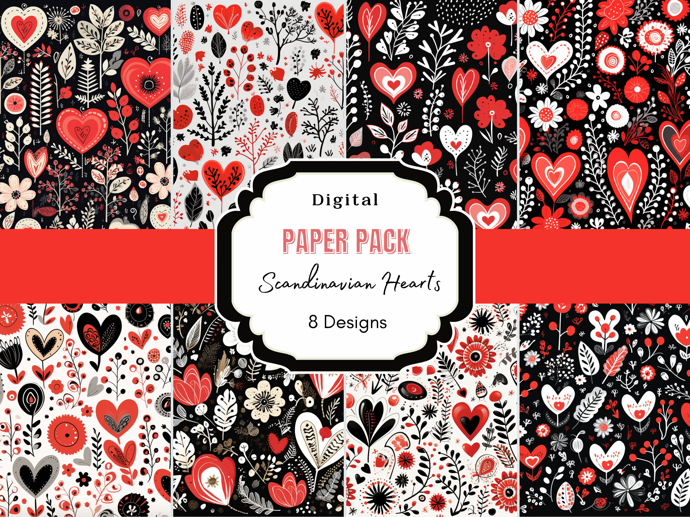 Scandinavian Hearts Digital Paper Heart Nordic Hearts Boho Hearts ...