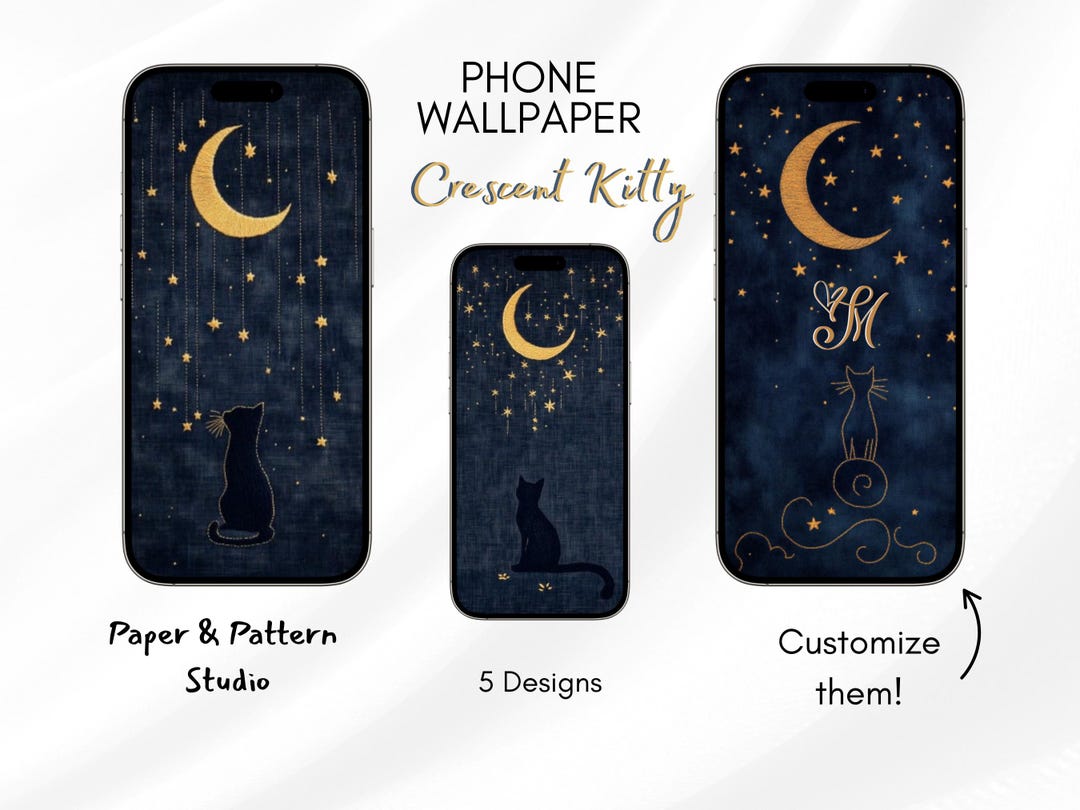 Crescent Moon Cat Phone Wallpaper, Digital Art, Cute Aesthetic, Unique ...