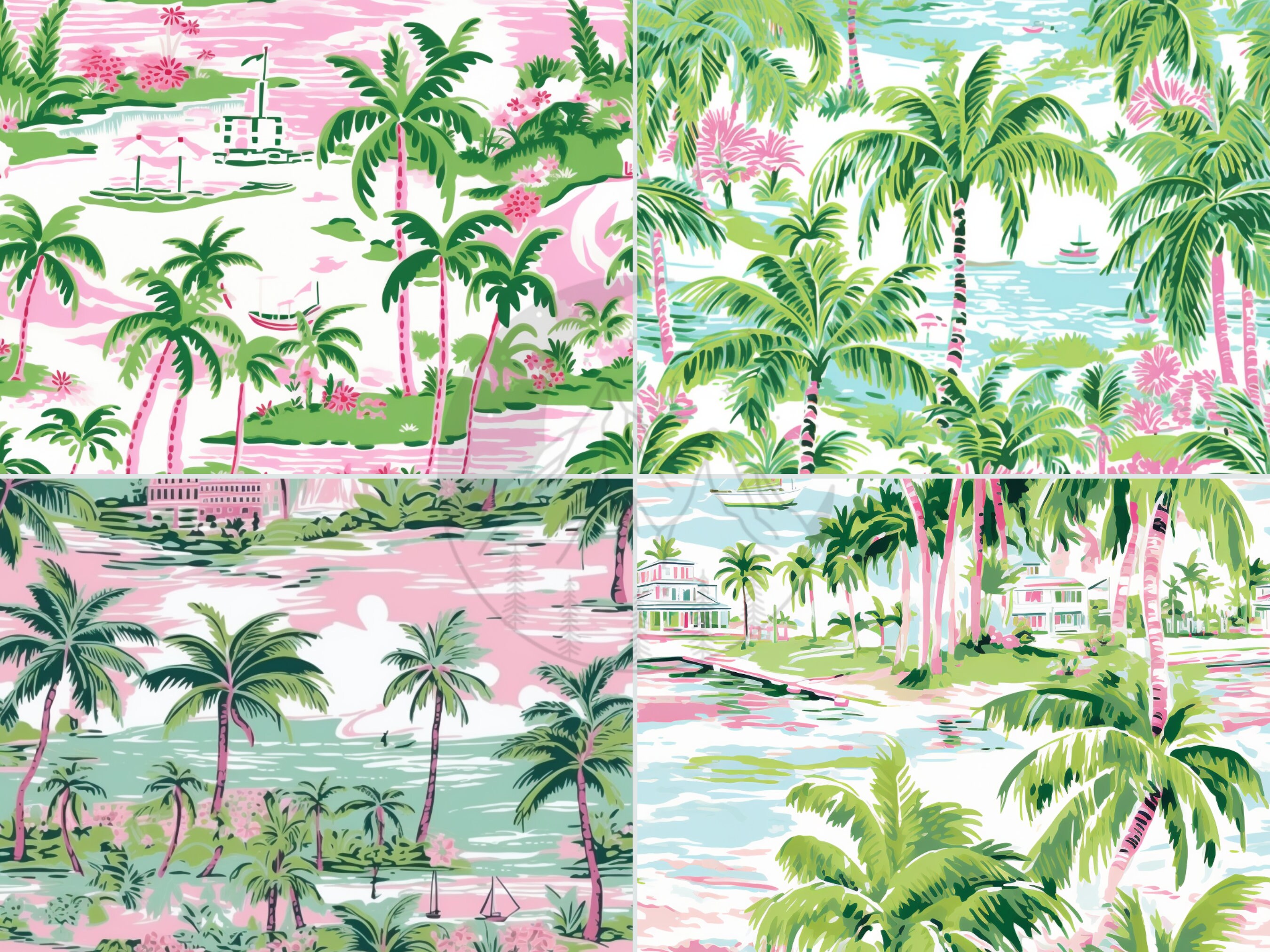 Preppy Pink and Green Palm Digital Paper Palm Beach Pattern Pink ...