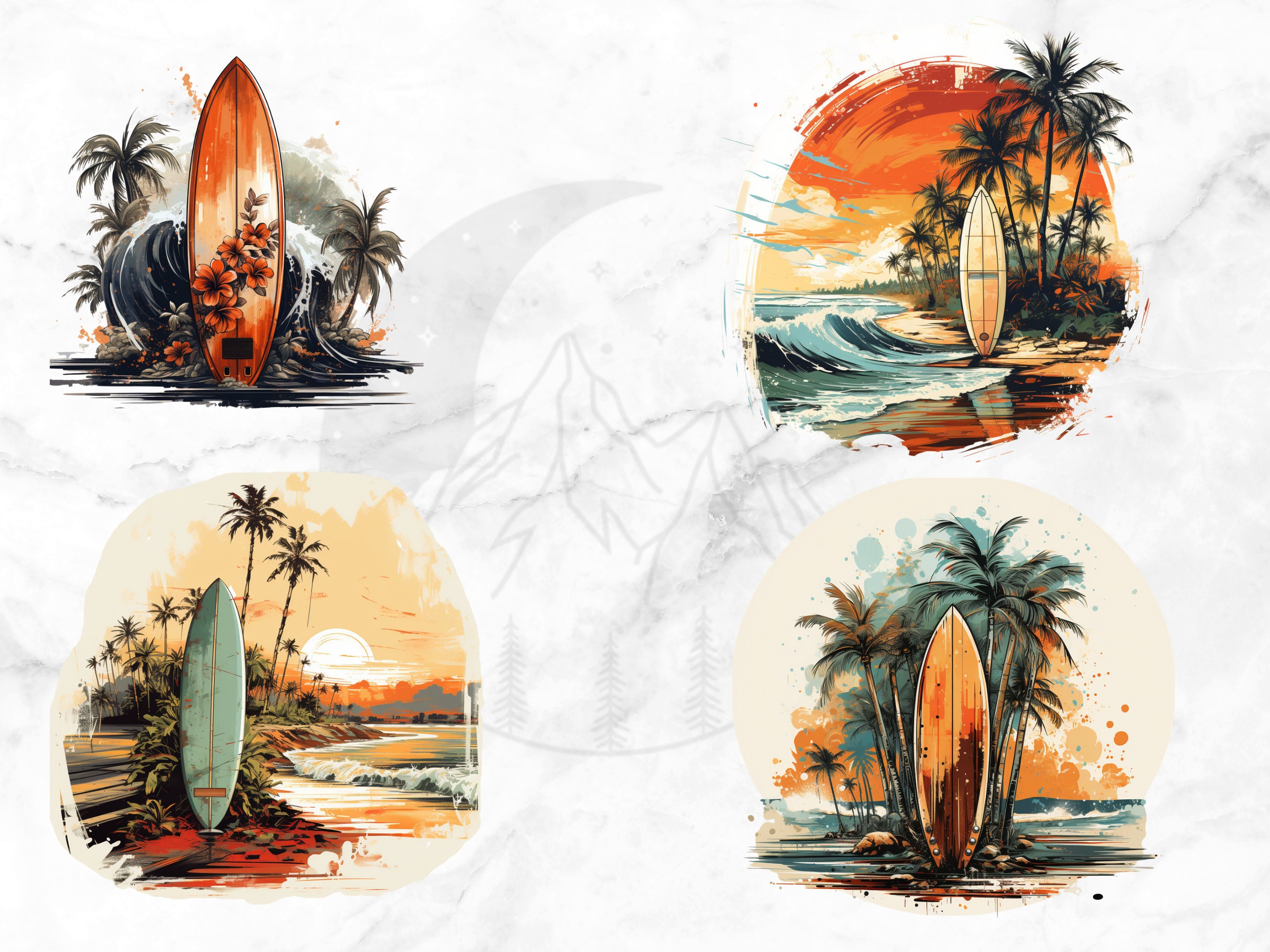 Vintage Surfing Sunset Clip Art| Palm Tree Sunset | Beach Scene ...