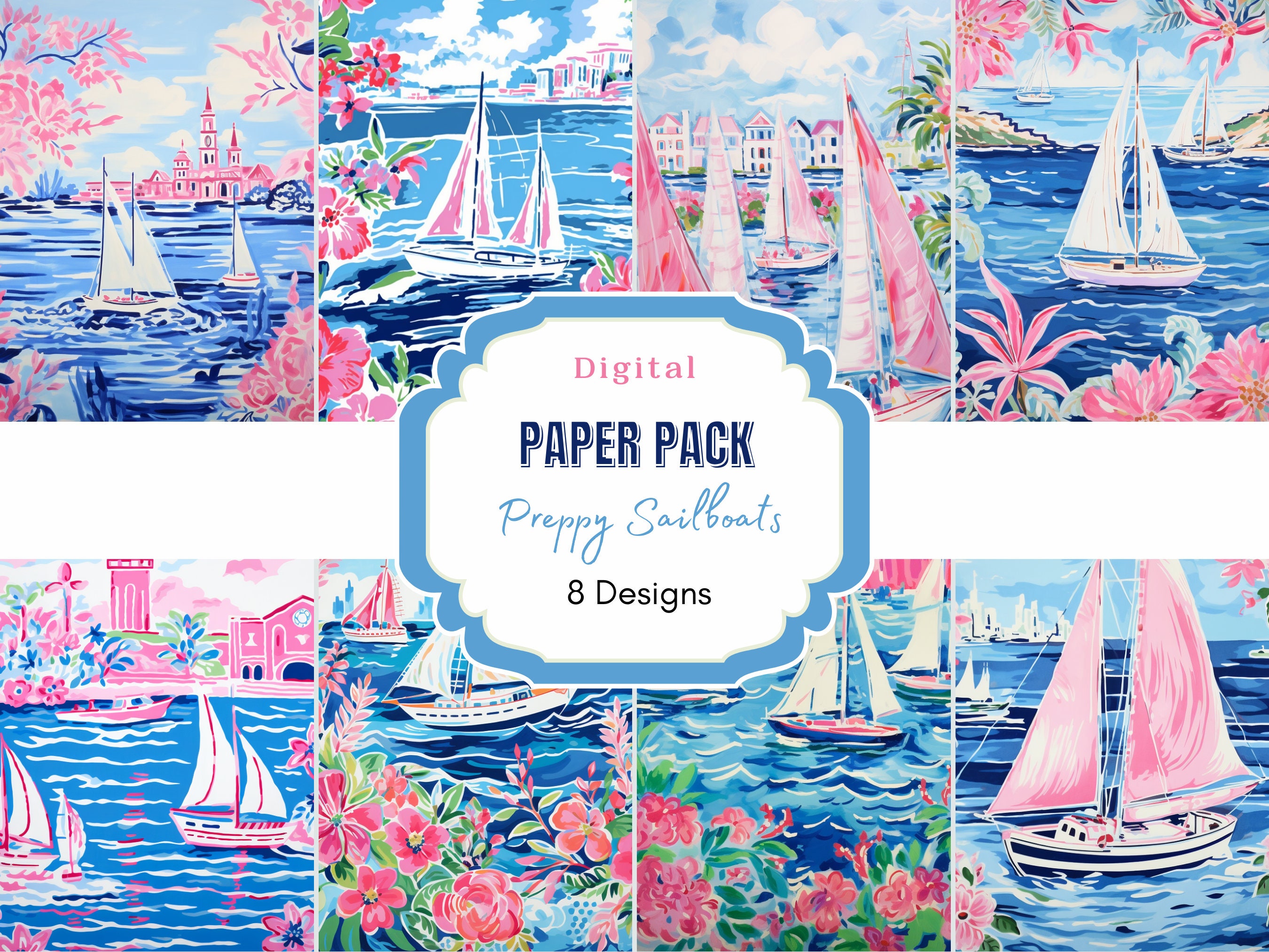 Preppy Sailboats Coastal Digital Paper | Nautical Digital Paper ...