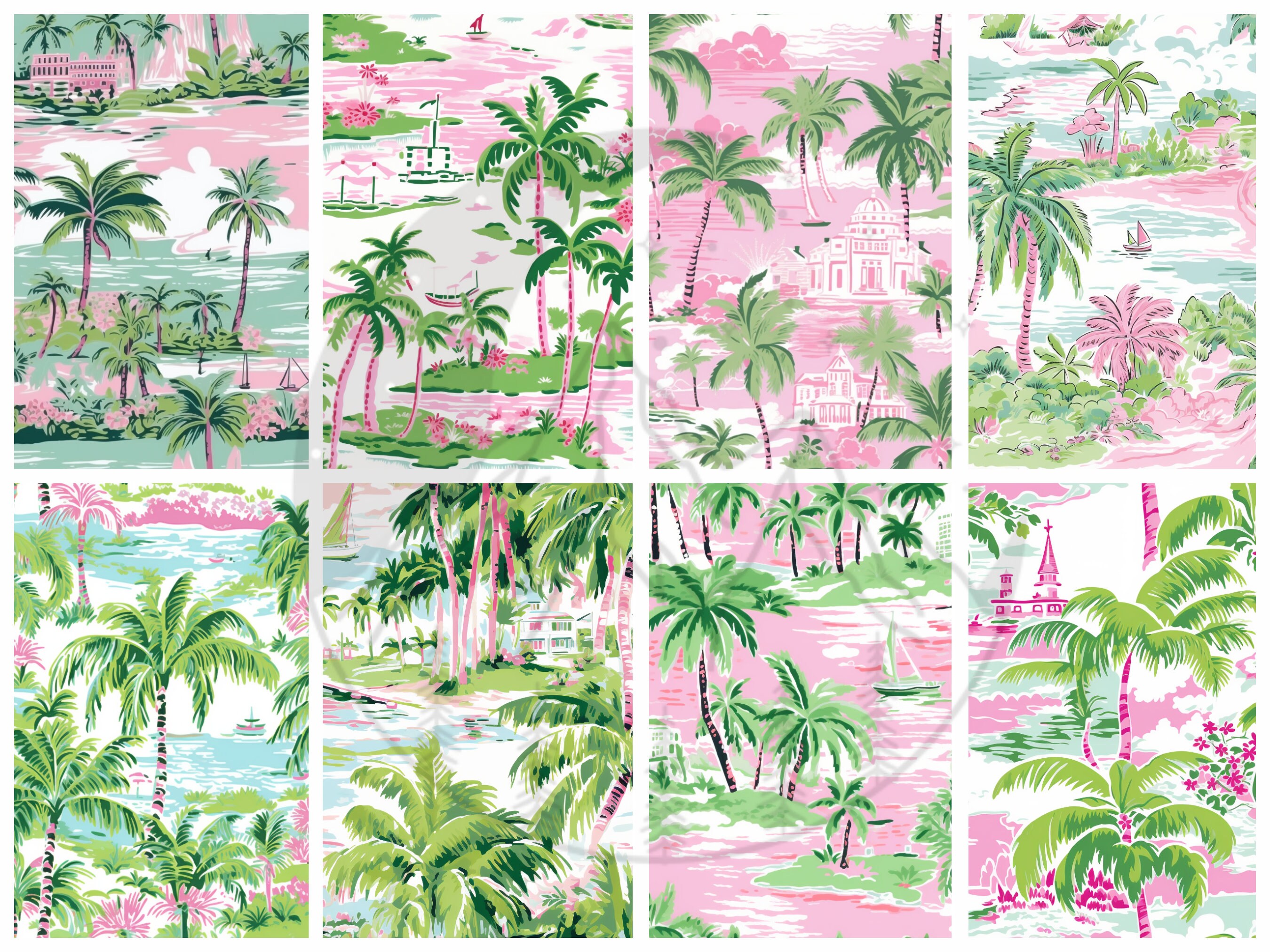 Preppy Pink and Green Palm Digital Paper Palm Beach Pattern Pink ...