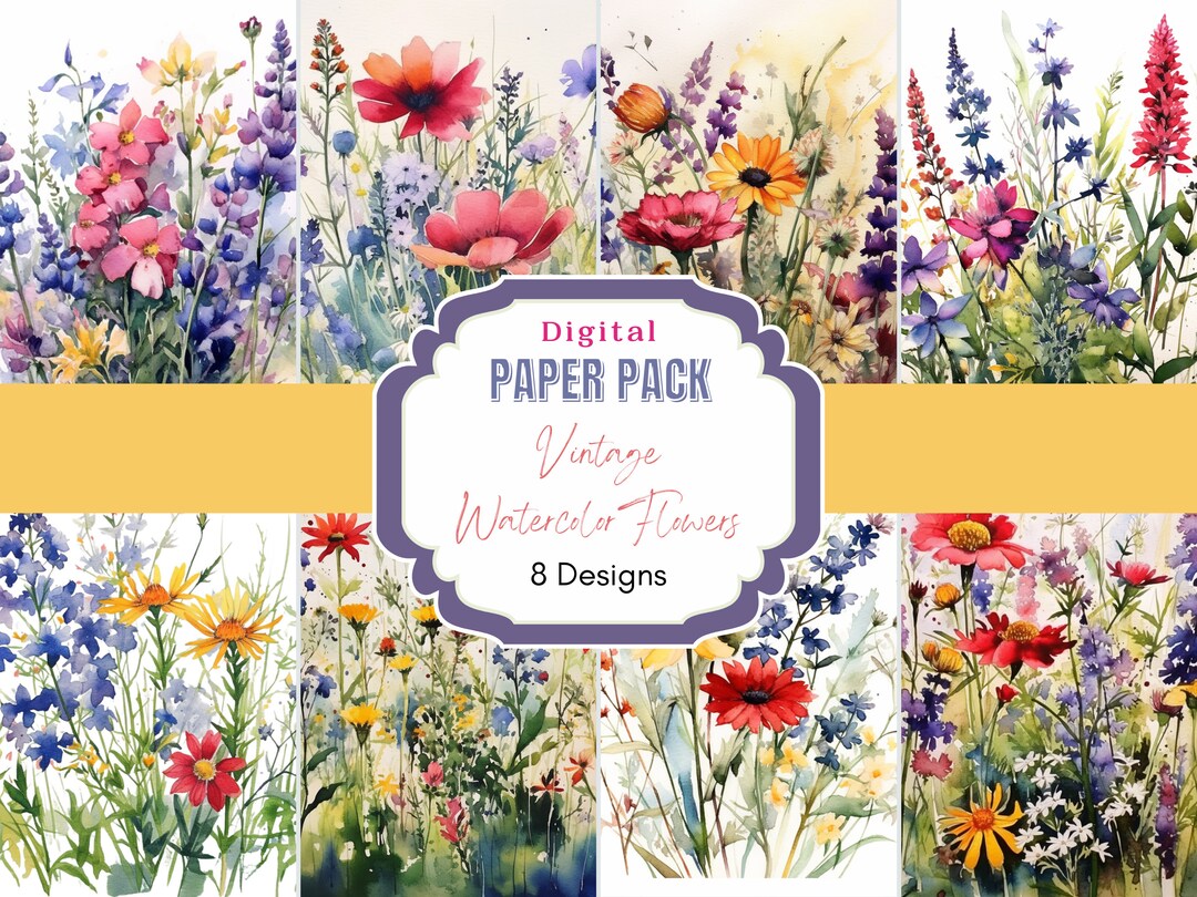 Vintage Watercolor Wildflower Digital Paper Pack | Flower Images ...