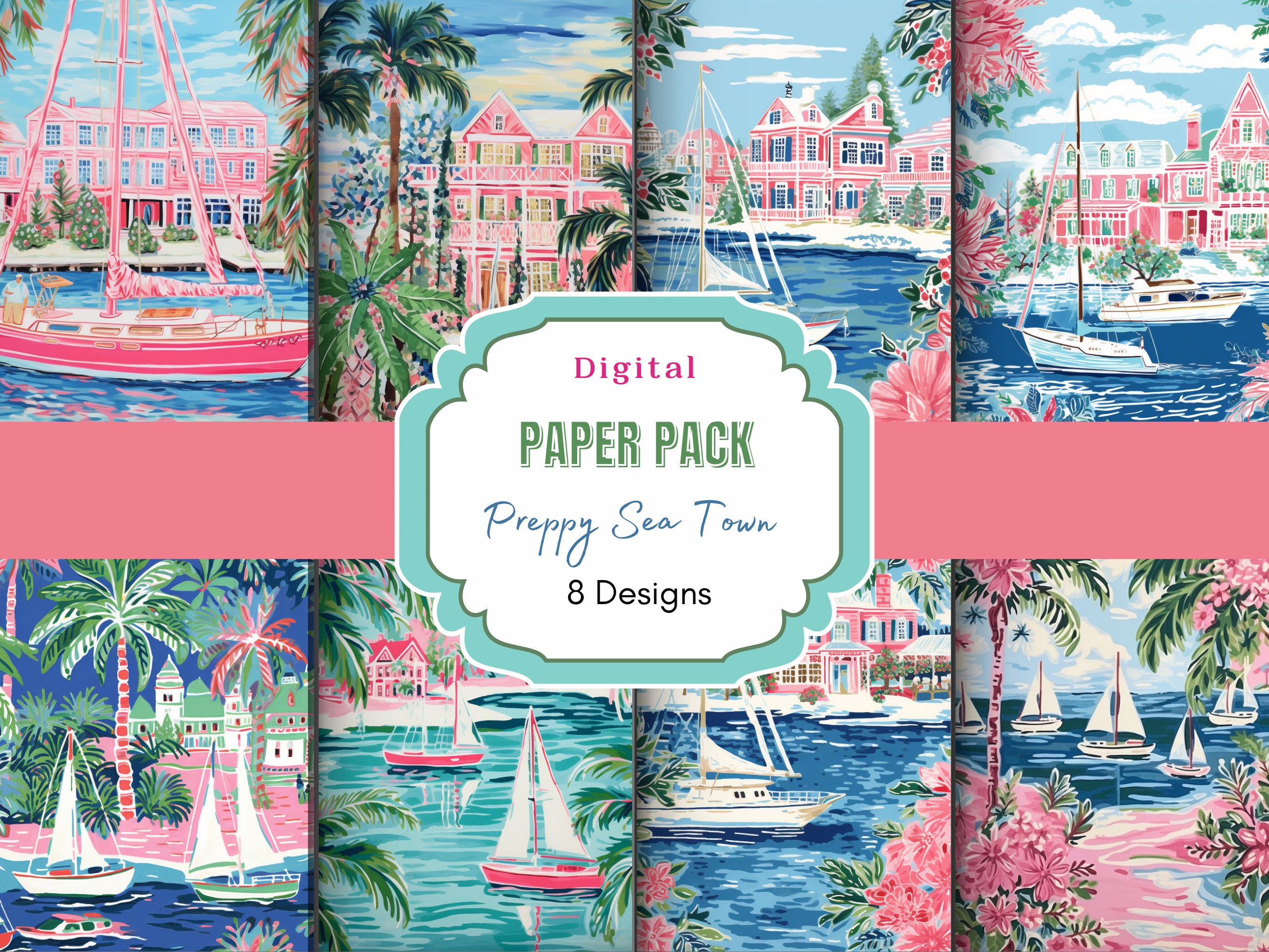 Preppy Sea Town Digital Paper Coastal Digital Paper Nautical Pattern ...
