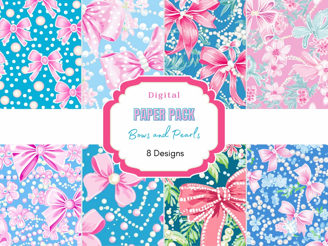 Bows and Pearls Digital Paper| Coquette | Satin Bow | Pearl Pattern ...