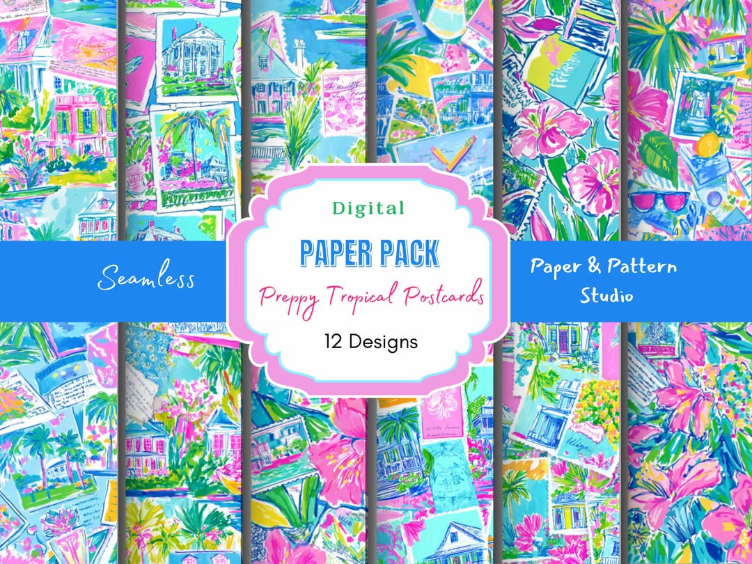 Preppy Tropical Postcards Digital Paper Pack – 12 Seamless Coastal ...