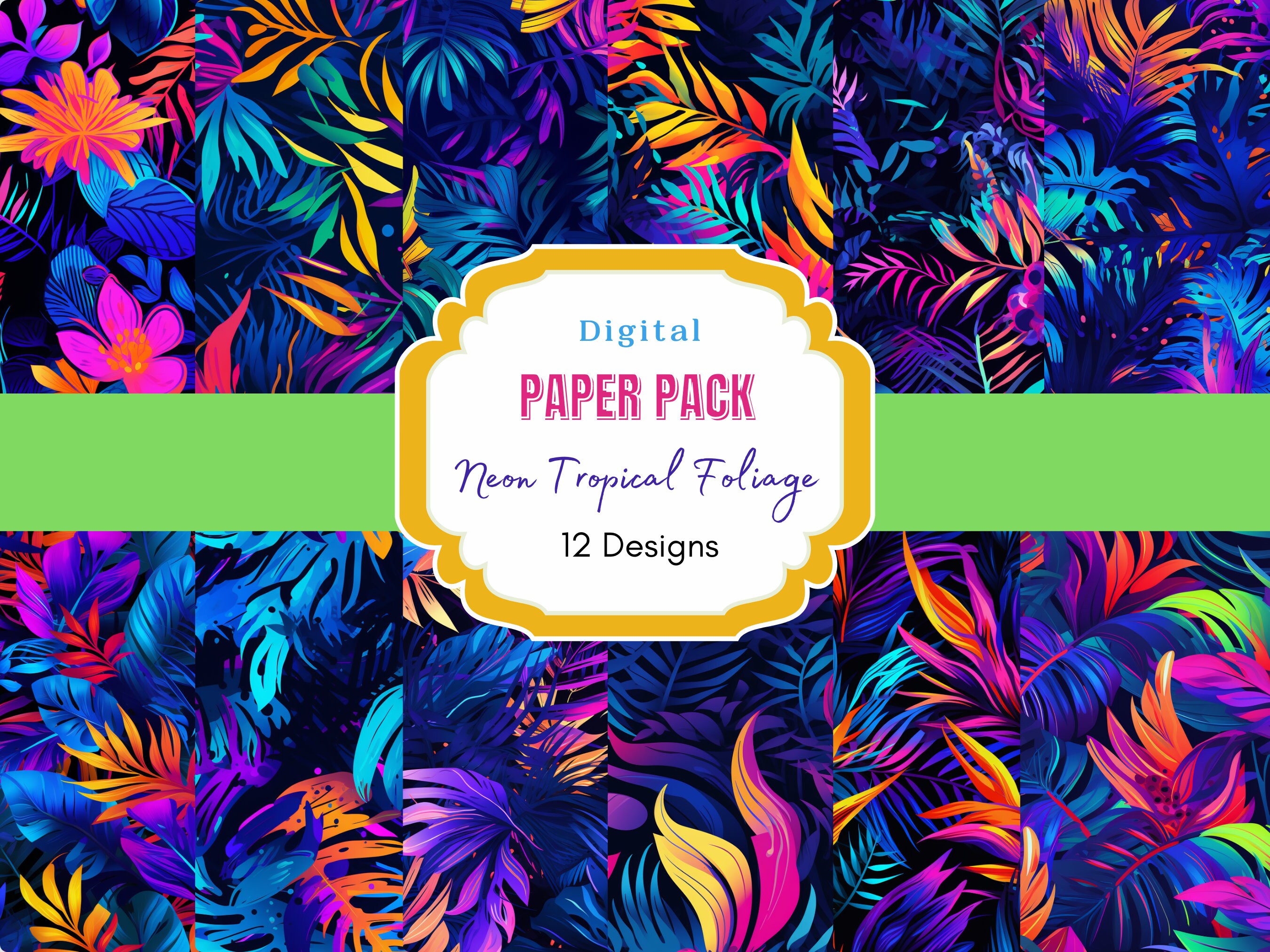 Neon Tropical Foliage Digital Paper Tropical Flowers Tropical Clipart ...